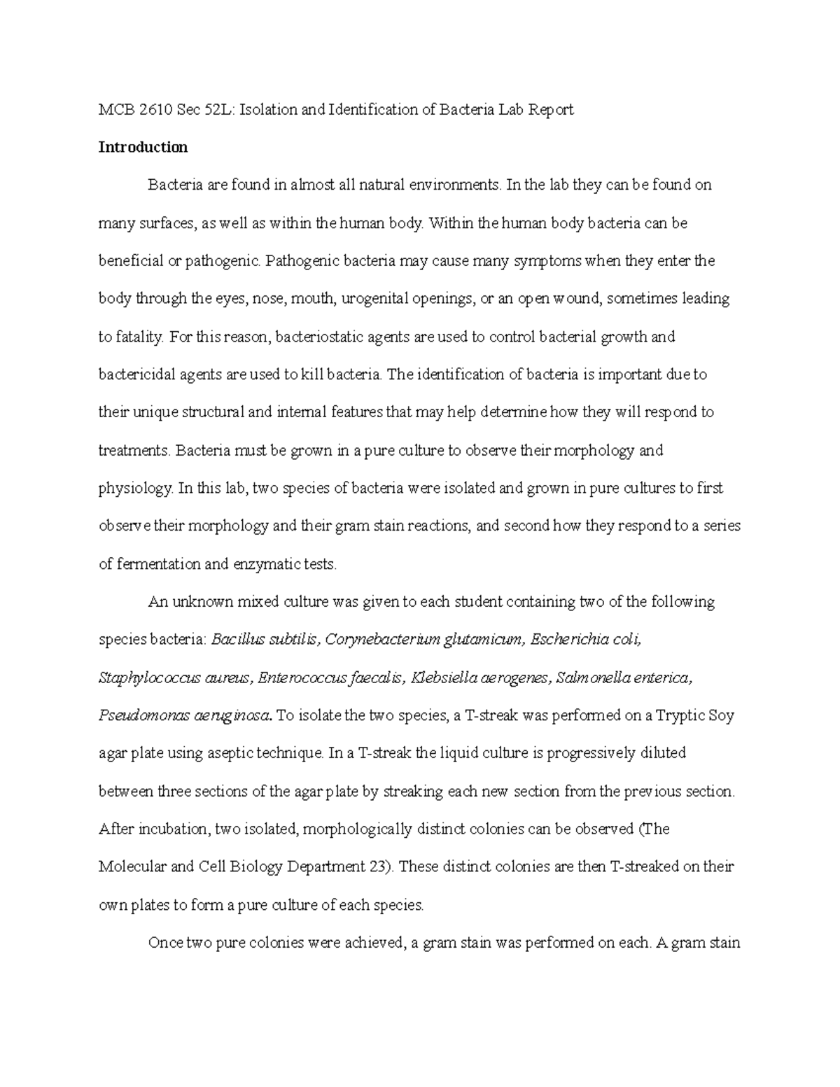 MCB 2610 L Lab Report: Isolation & Identification of Bacteria - Studocu