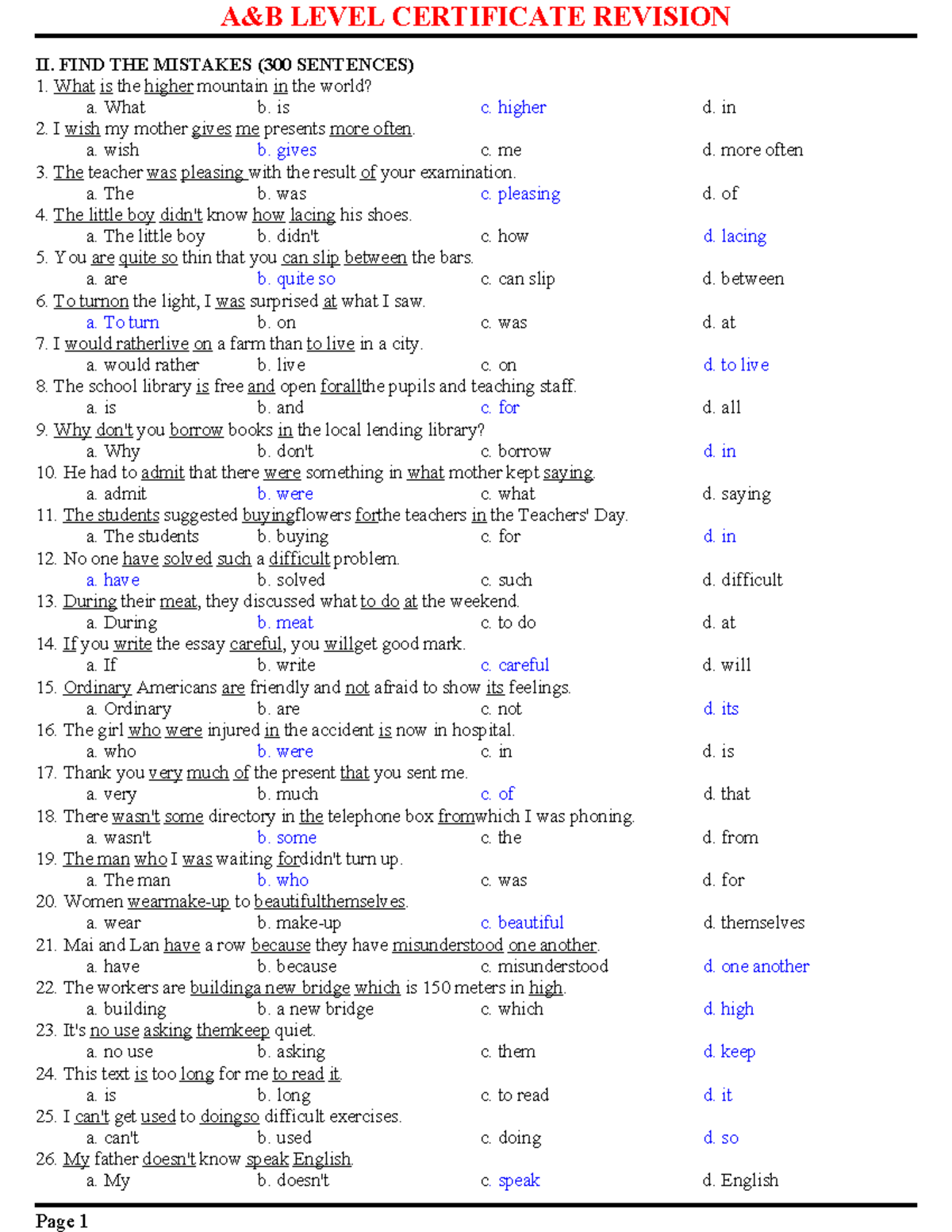 LEVEL CERTIFICATE REVISION II: FINDING MISTAKES IN 300 SENTENCES - Studocu