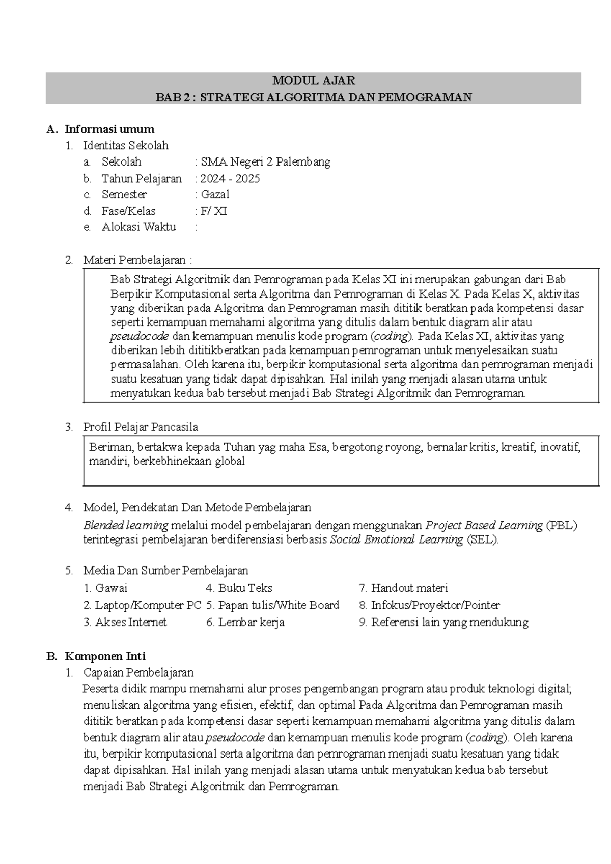 Modul Ajar Informatika Kelas XI: Strategi Algoritma dan Pemrograman - Studocu