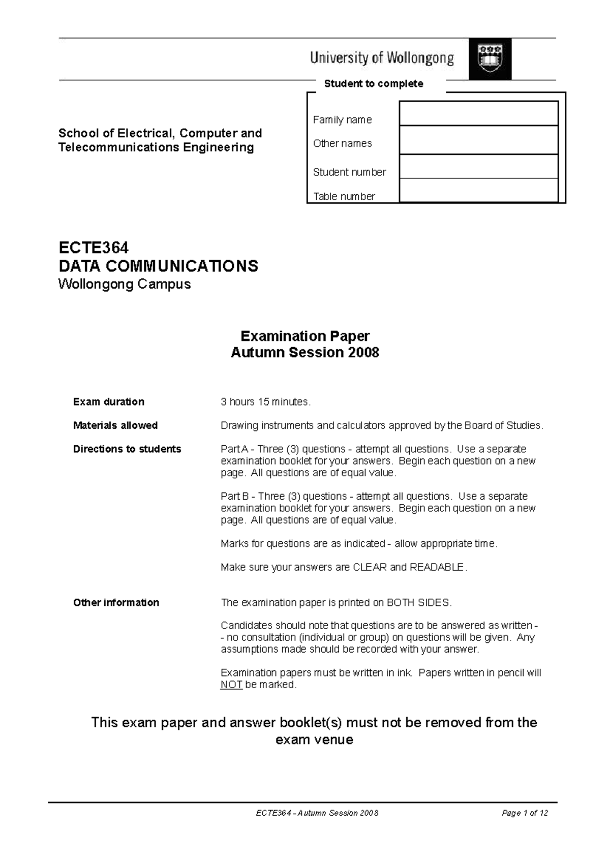 ECTE364 Data Communications Exam Questions - Autumn 2008 - Studocu