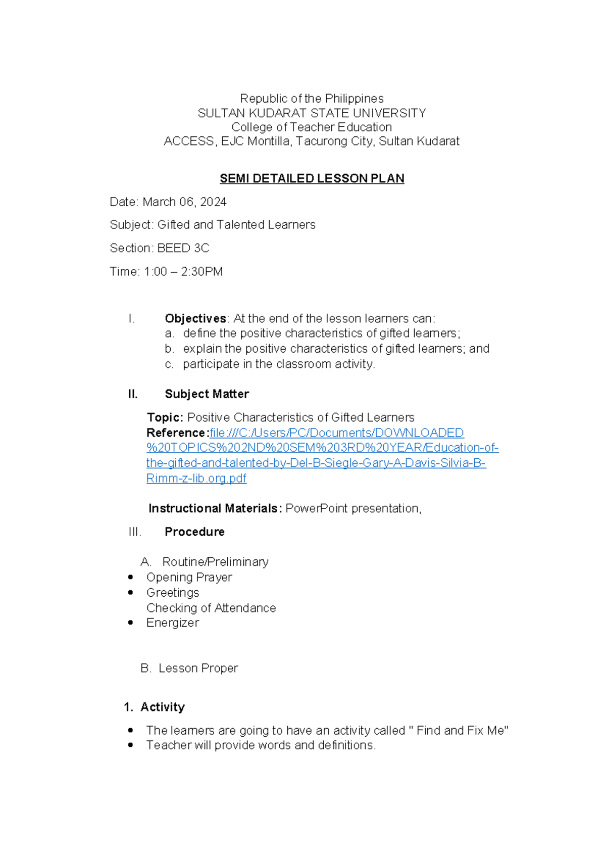 BEED 3C Semi-Detailed Lesson Plan on Gifted Learners - Studocu
