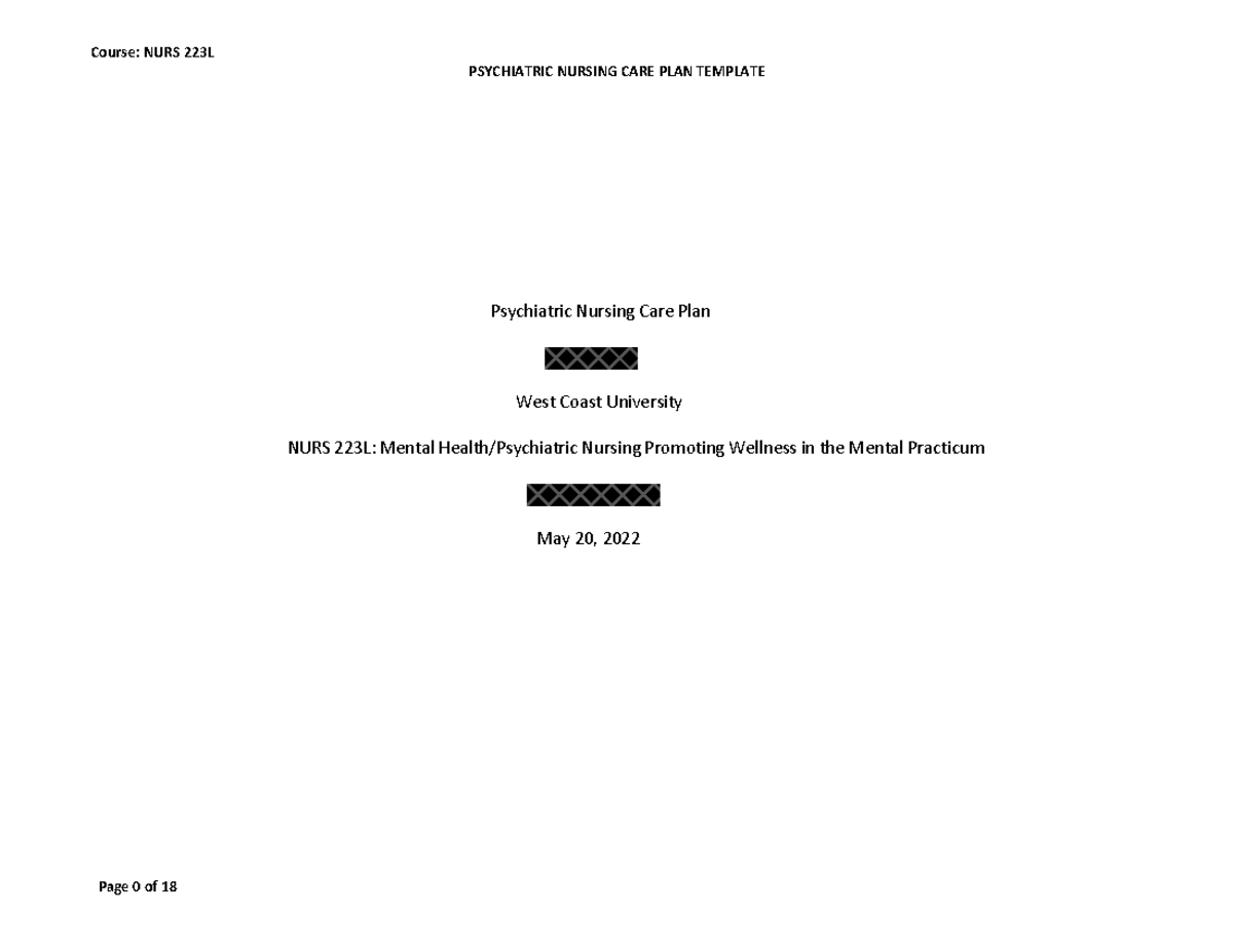 Psychiatric Nursing Care Plan Template - NURS 223L Mental Health - Studocu