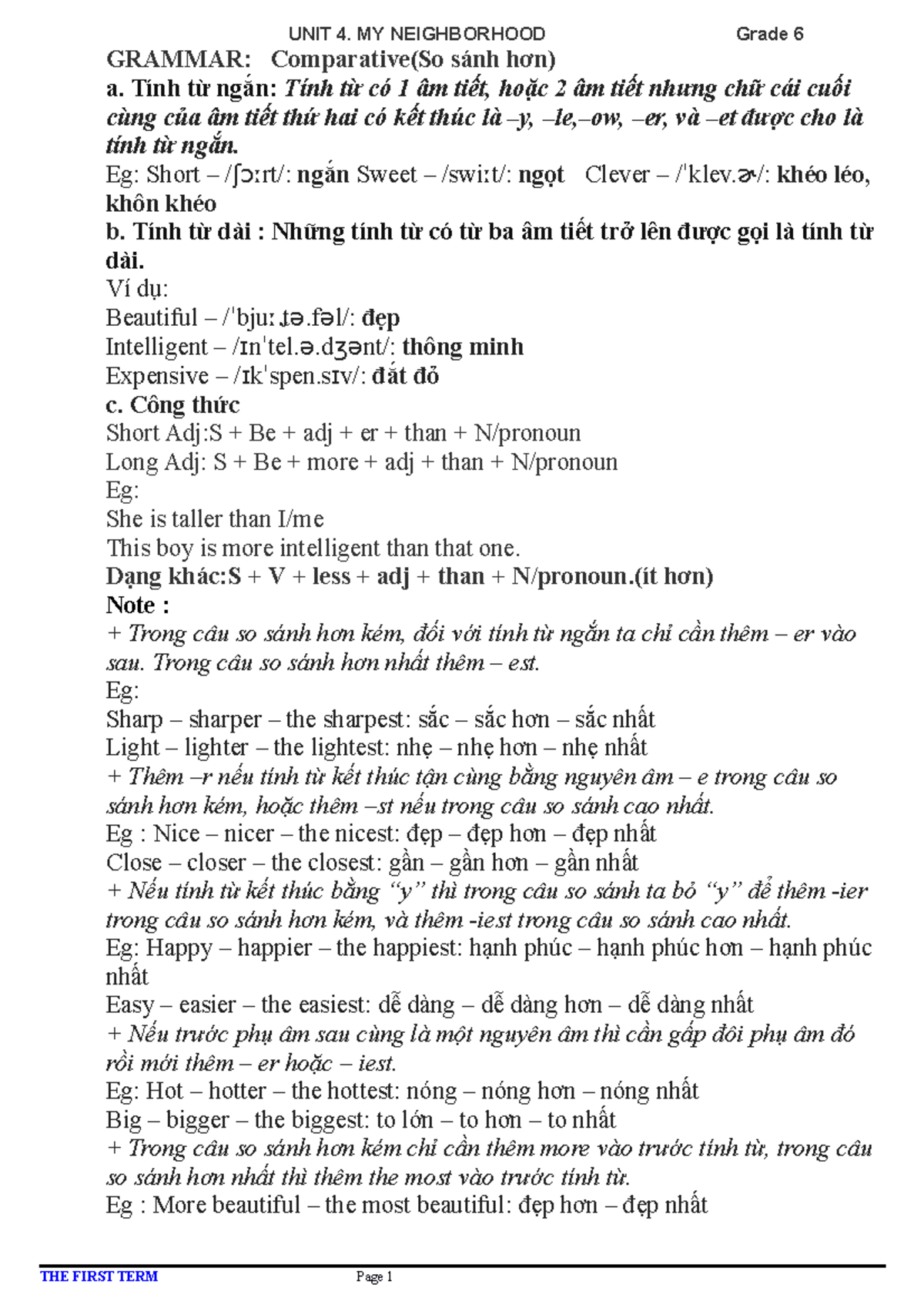 UNIT 4 - Ngữ pháp tiếng anh 8 - UNIT 4. MY NEIGHBORHOOD Grade 6 GRAMMAR ...