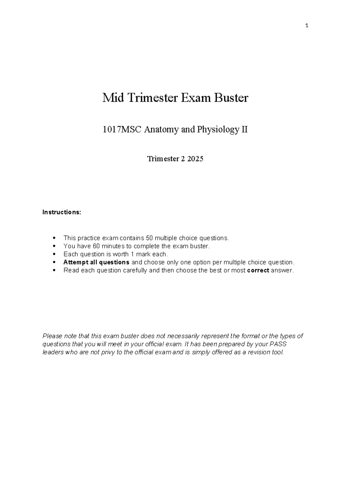 1017MSC Mid Trimester Exam Buster Anatomy & Physiology II T2 2025 - Studocu