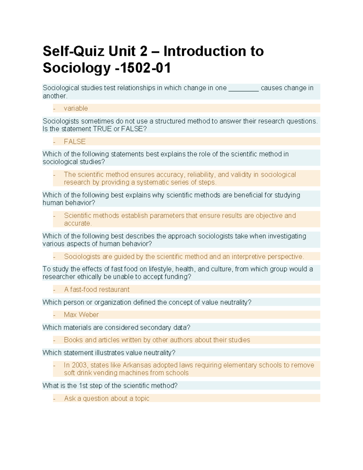 Self-Quiz Unit 2: Intro to Sociology - SOC 1502 Study Guide - Studocu