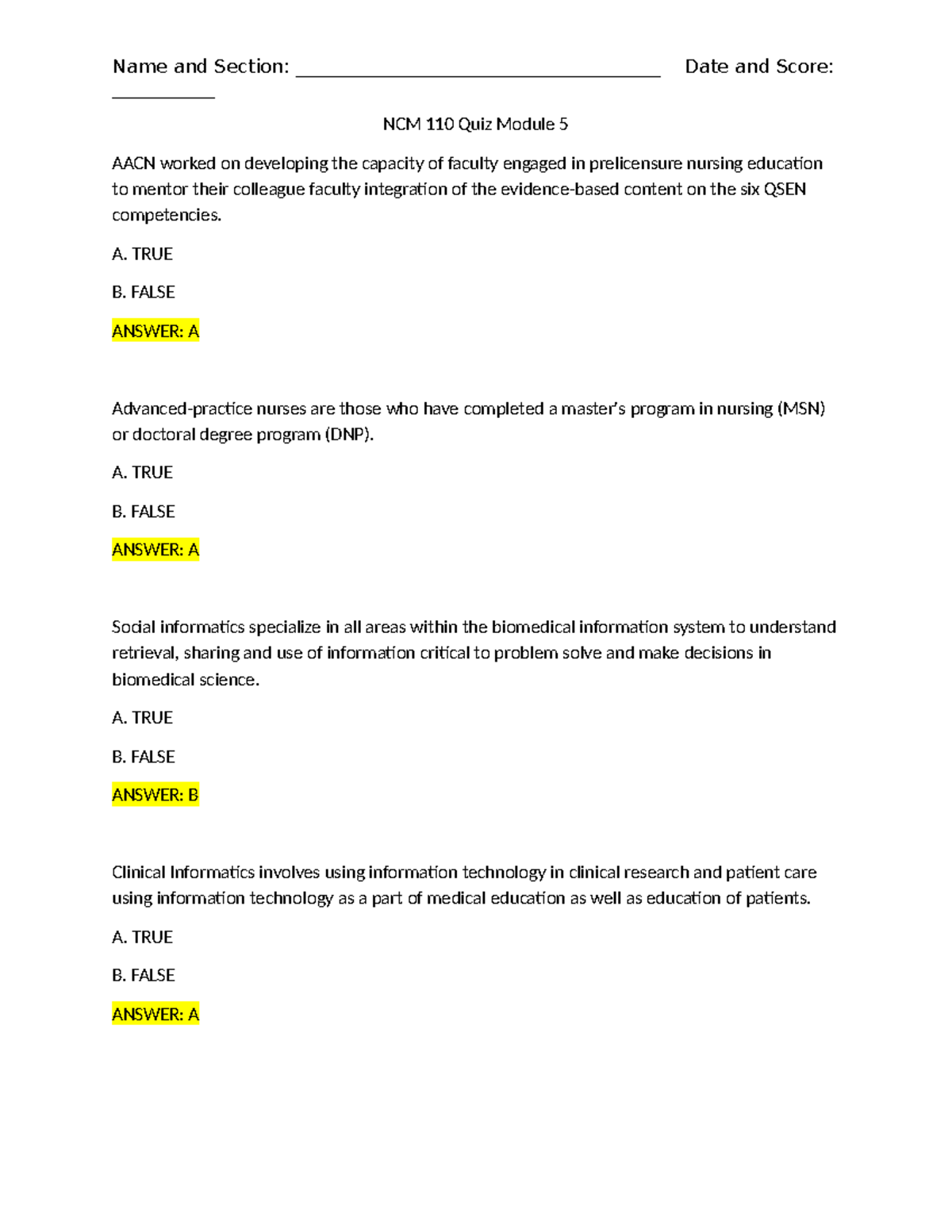 NCM 110 Quiz Module 5: Nursing Informatics Concepts and Answers - Studocu