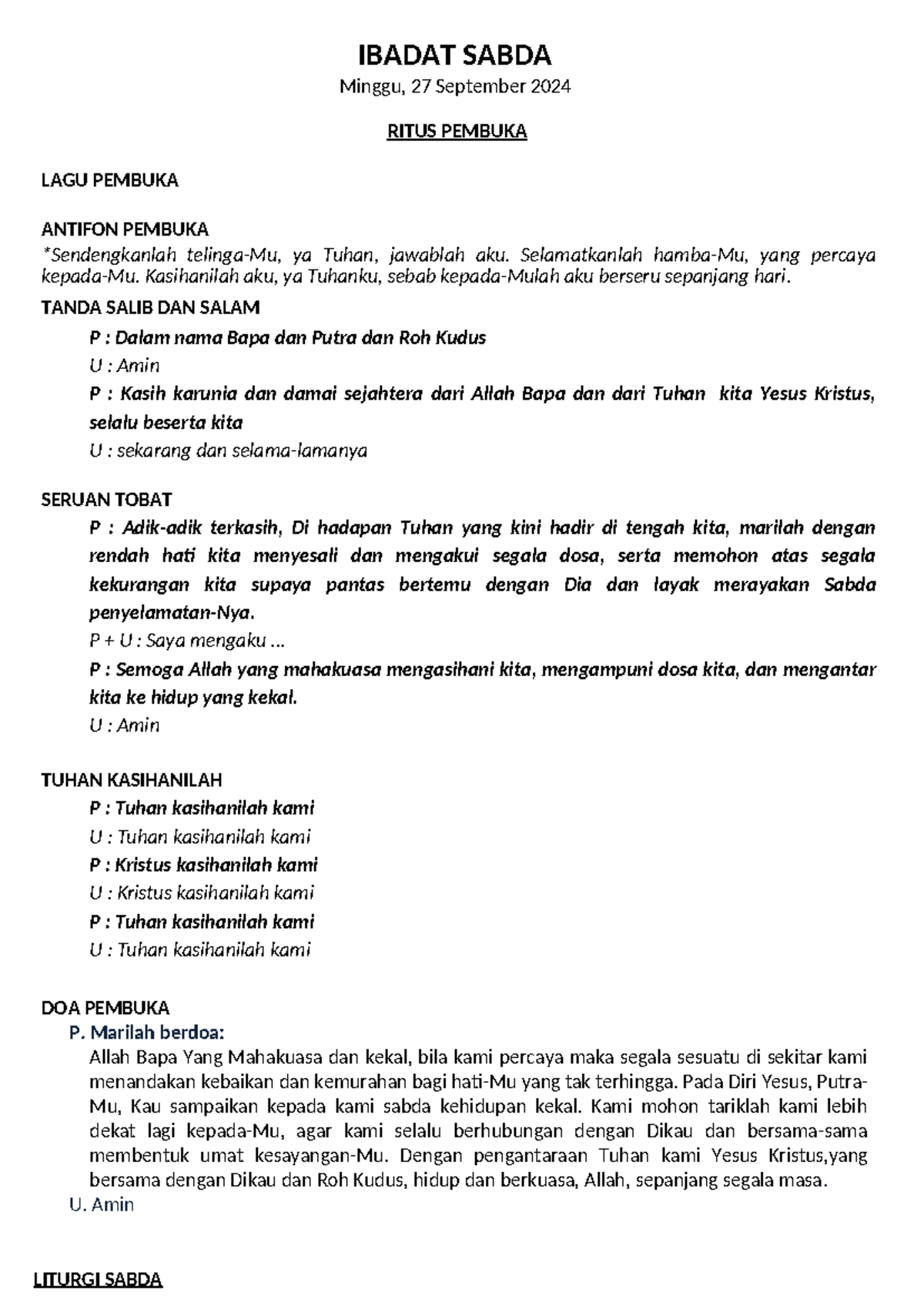 Ibadat Sabda BIA 27 Oktober 2024: Ritus dan Doa Pembuka - Studocu