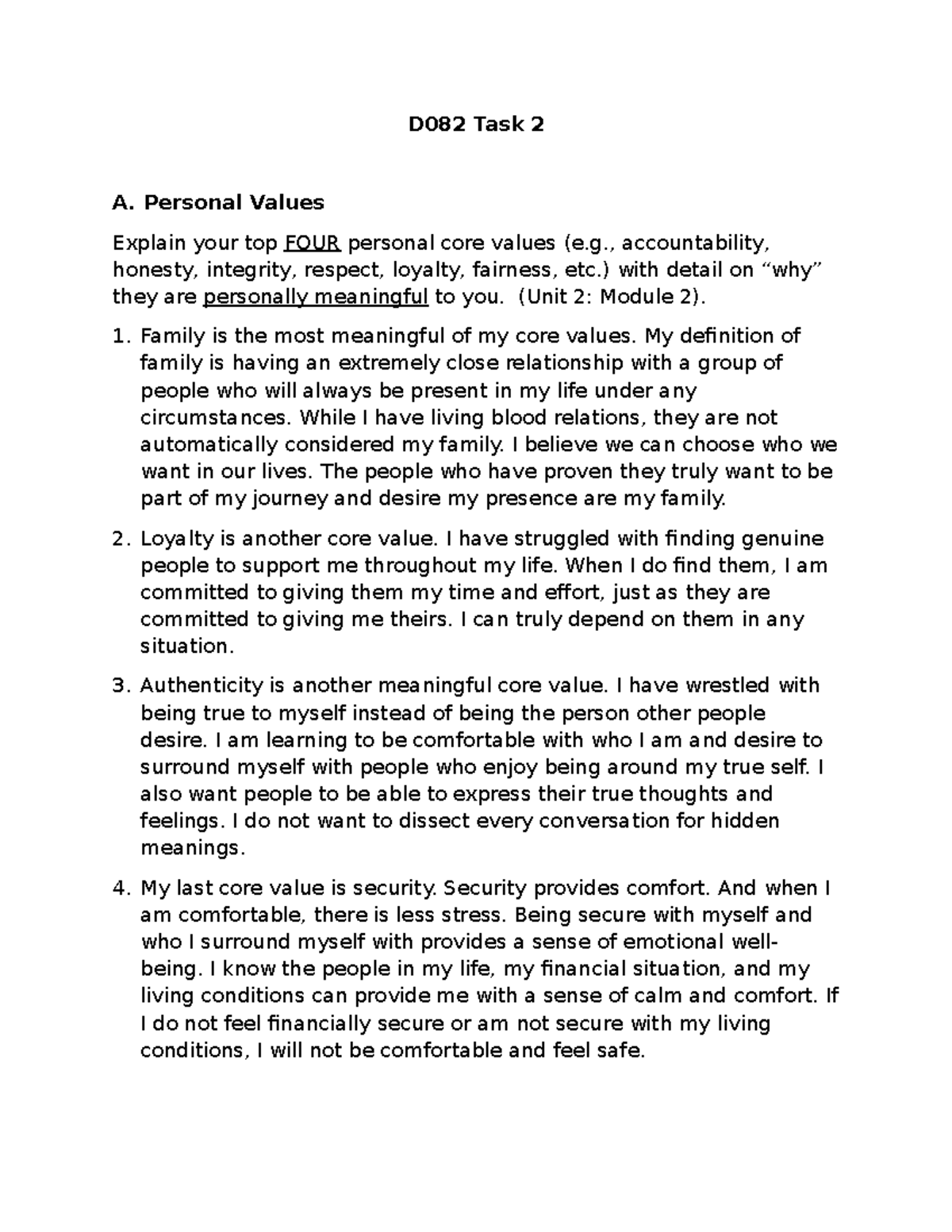 D082 Task 2: Personal Core Values and Communication Strategies - Studocu