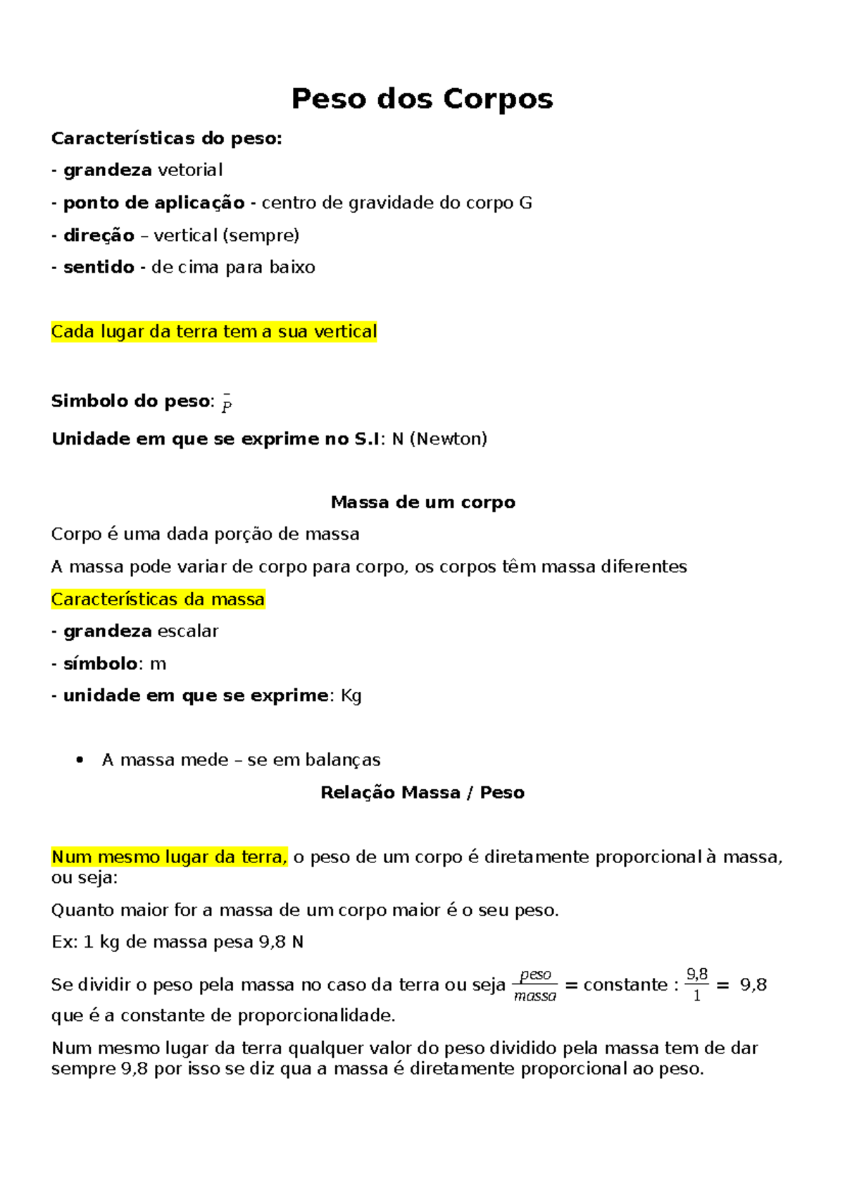 Peso e Massa dos Corpos - Resumo do 7º Ano com Características ...