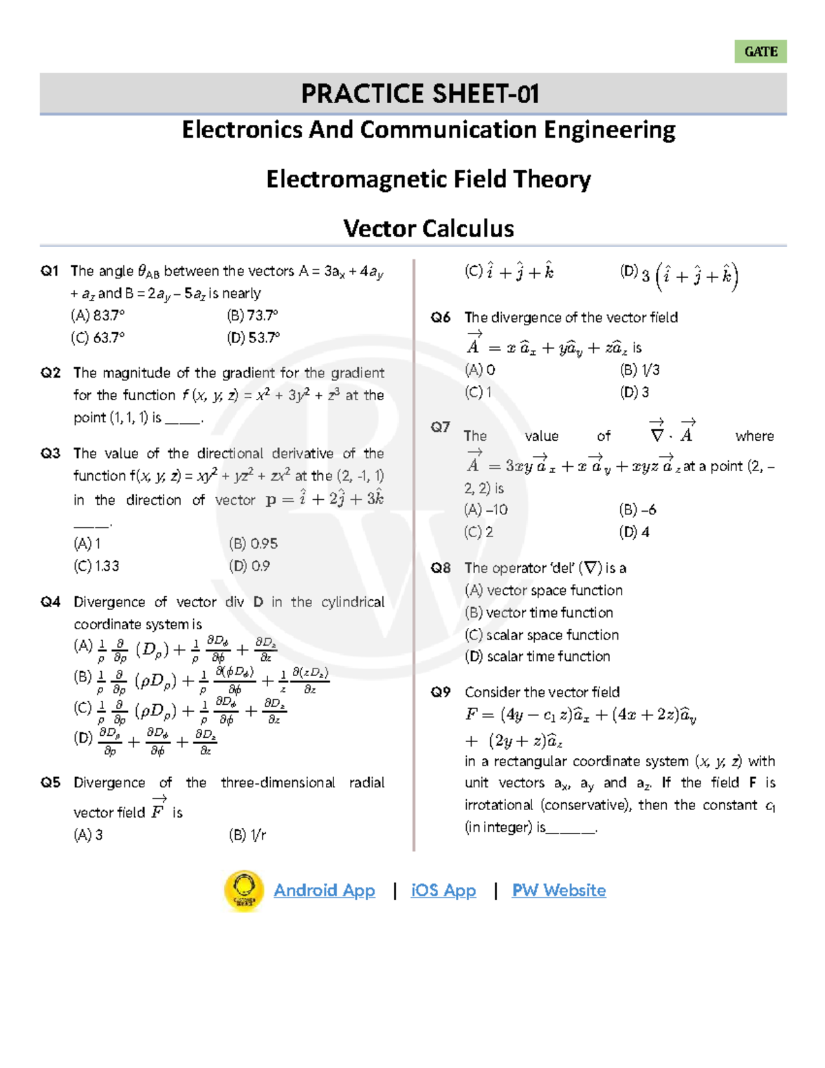 GATE PRACTICE ECE: Vector Calculus Questions and Solutions - Studocu