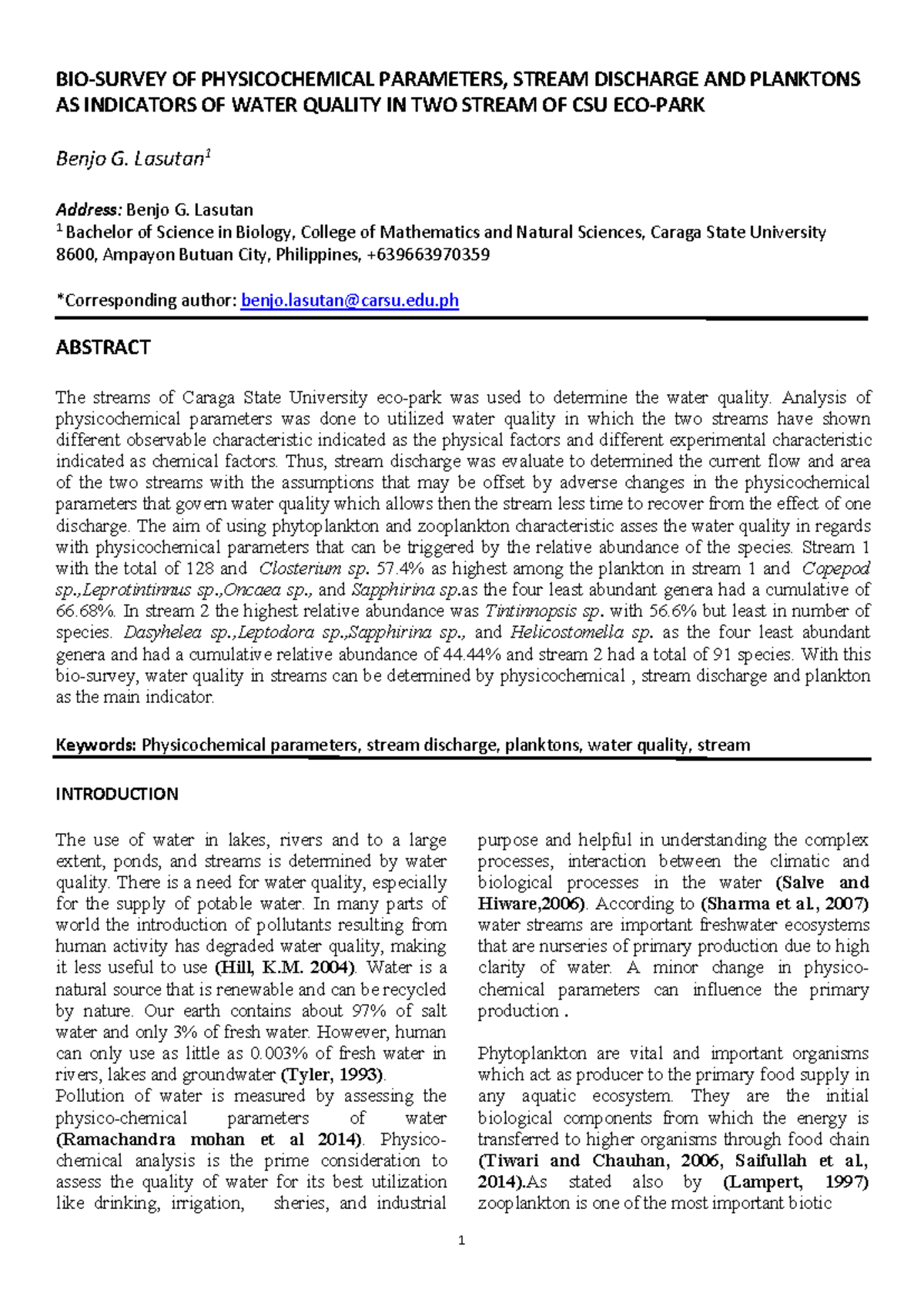 Laboratory Report: Water Quality Indicators in CSU Eco-Park Streams ...