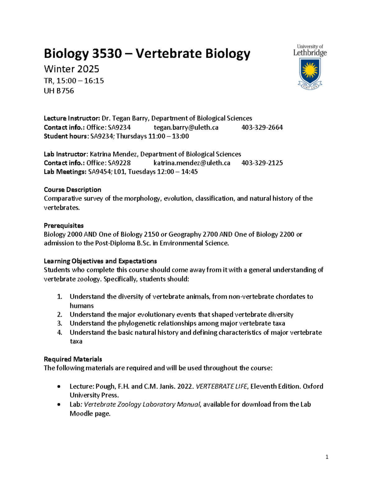 BIOL3530 W25 Syllabus - Summary Intro Vertebrate Zoology - Biology 3530 ...