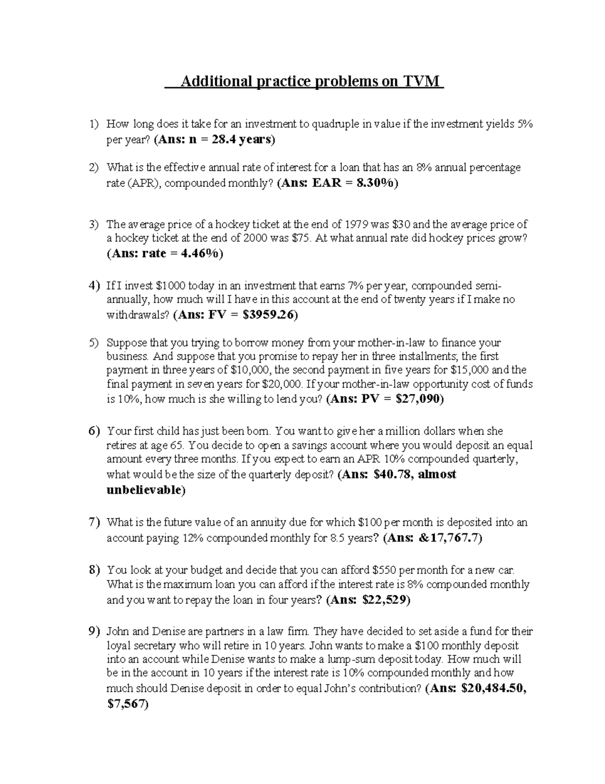 Additional Practice Problems on TVM - Chapter 5 - Studocu