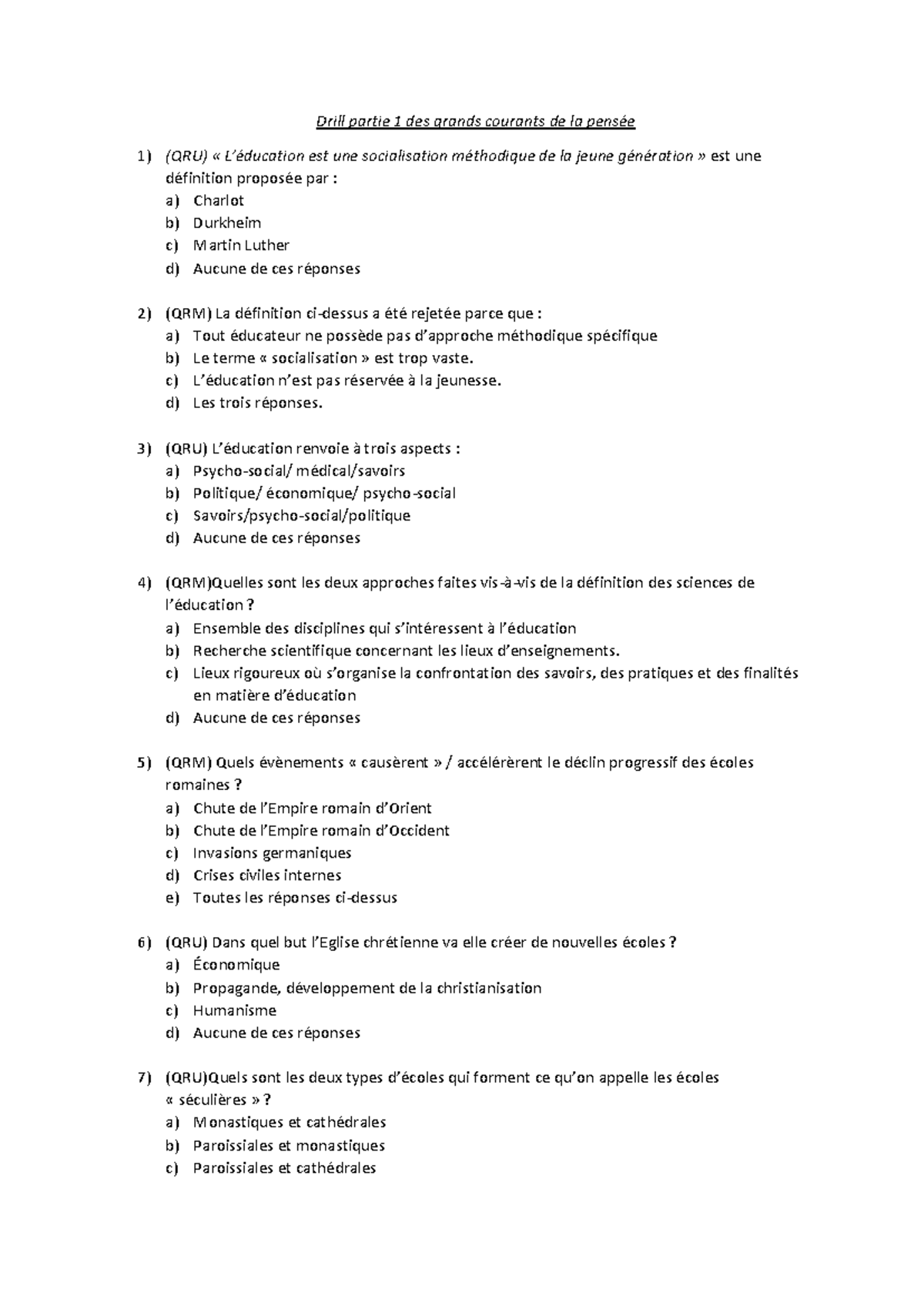 Questions Cours: Grands Courants de la Pensée - 115 Questions d'Examen ...