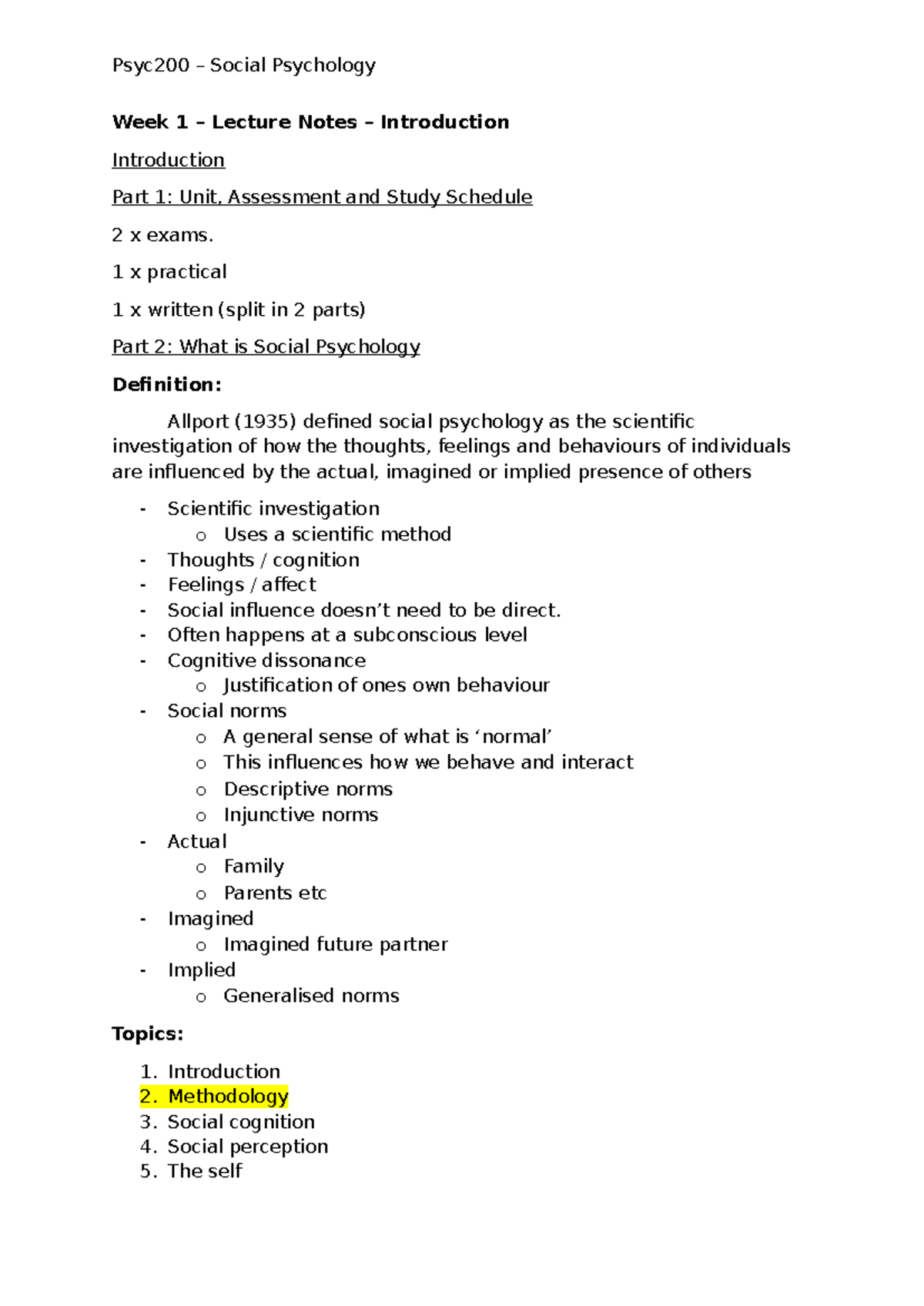 Psyc200 Social Psychology Week 1 Lecture Notes Overview - Studocu