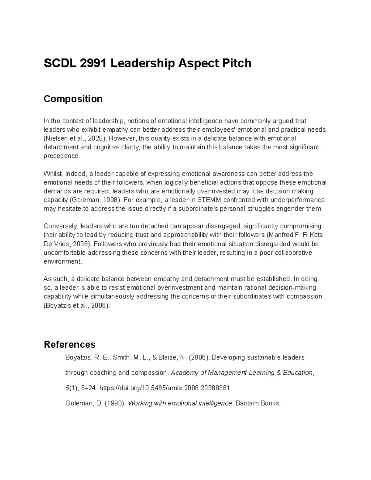 SCDL 2991 Leadership Pitch: Balancing Empathy and Detachment - Studocu