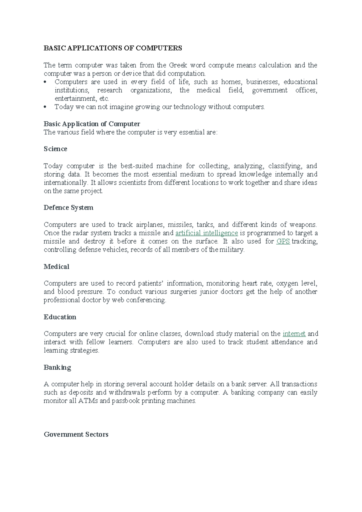 BASIC APPLICATIONS OF COMPUTERS: An Overview of Key Uses - Studocu