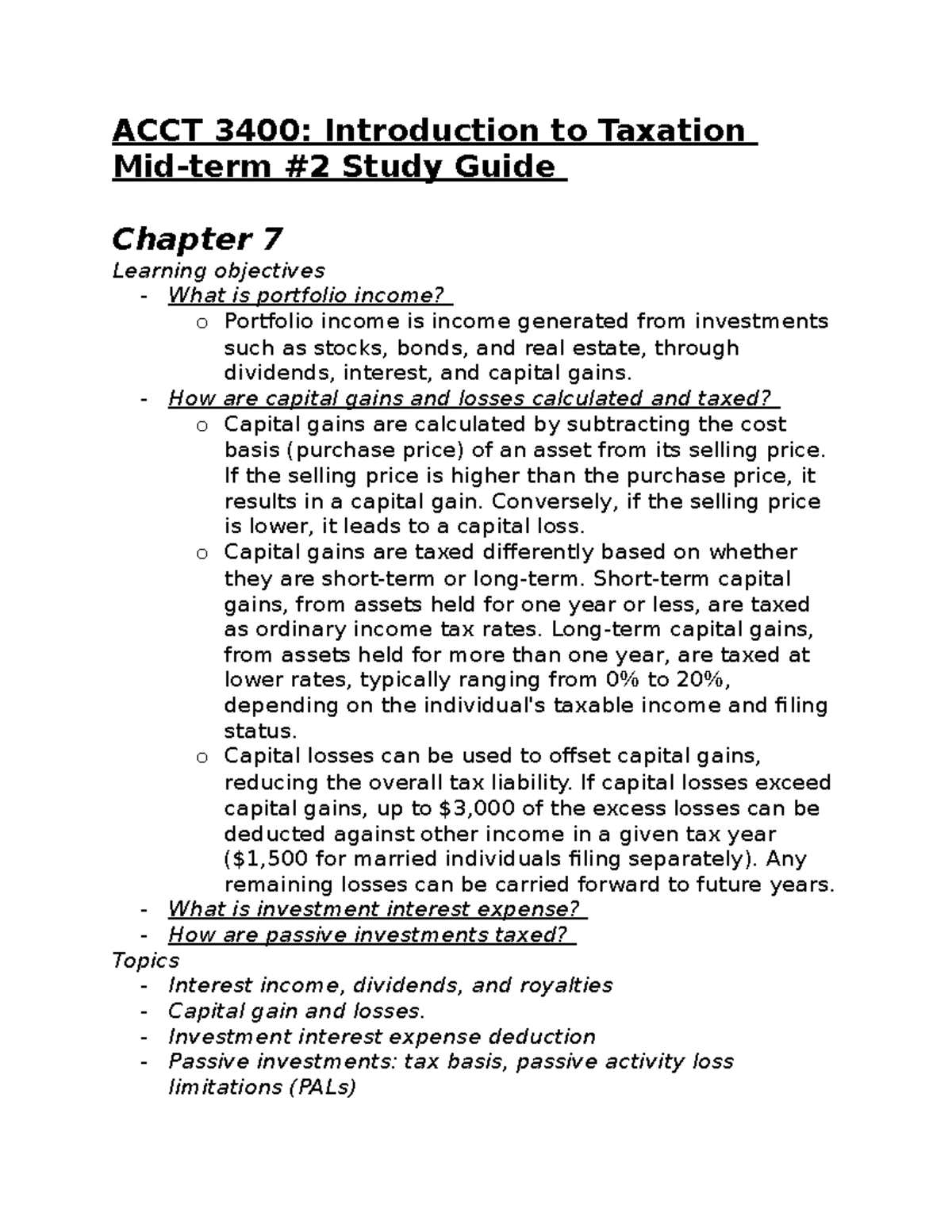 Tax midterm - Review - ACCT 3400: Introduction to Taxation Mid-term #2 ...