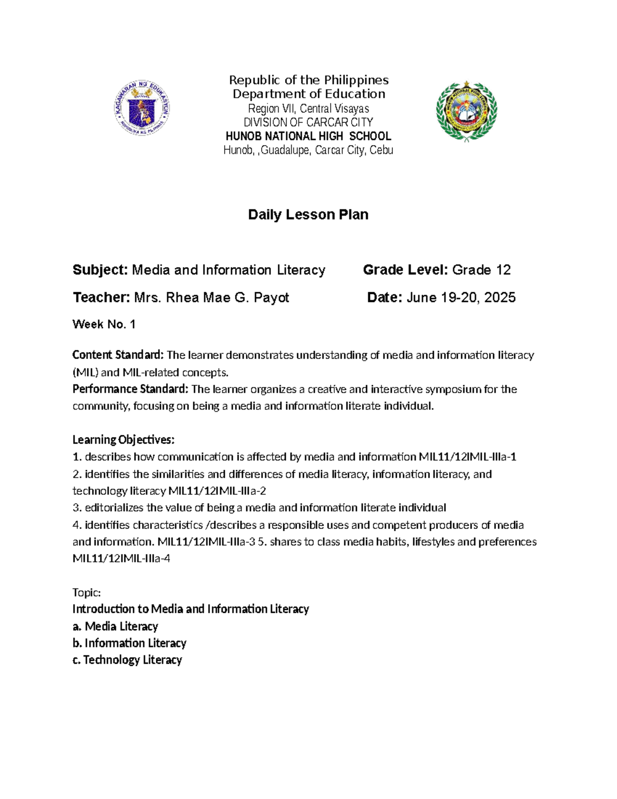 Grade 12 MIL Daily Lesson Plan: Introduction to Media Literacy - Studocu