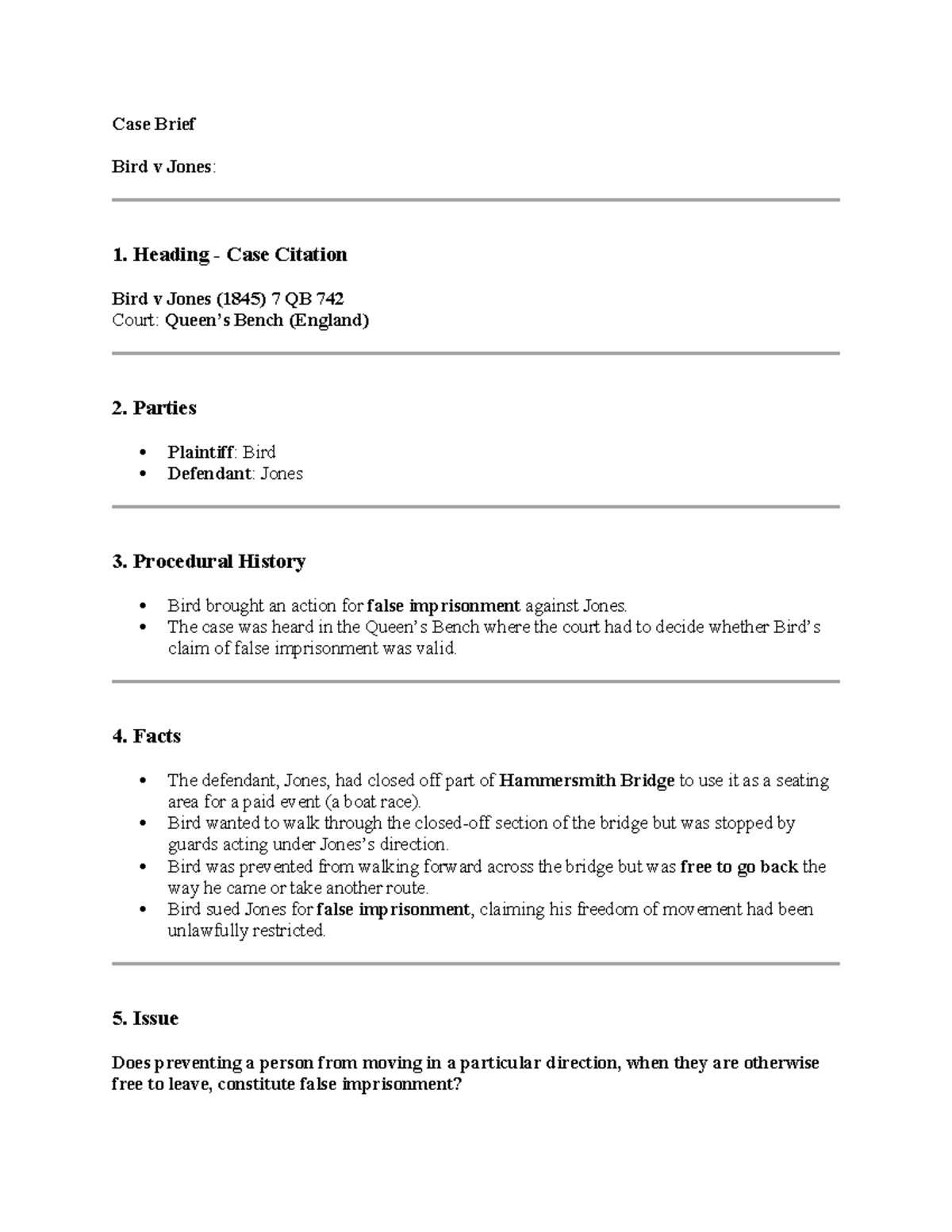 Case Brief: Bird v Jones (1845) - False Imprisonment Analysis - Studocu