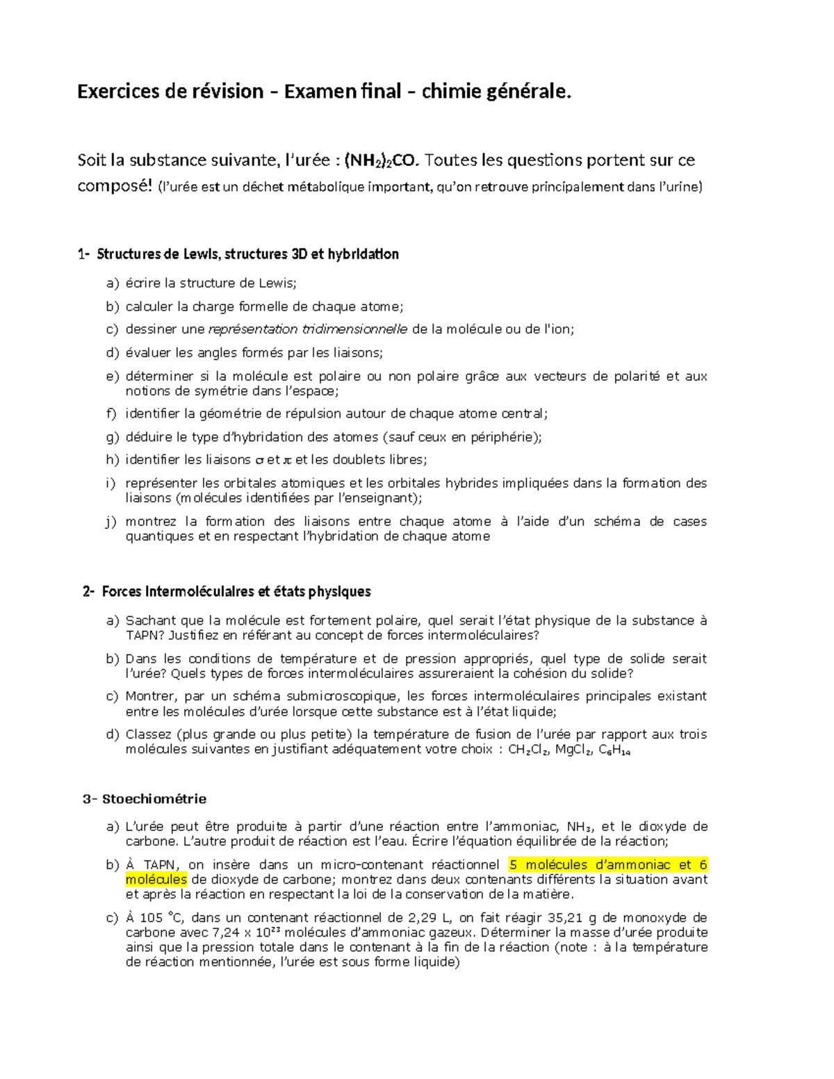 Exercices de révision sur l'urée - Examen final - Chimie Générale A23 ...