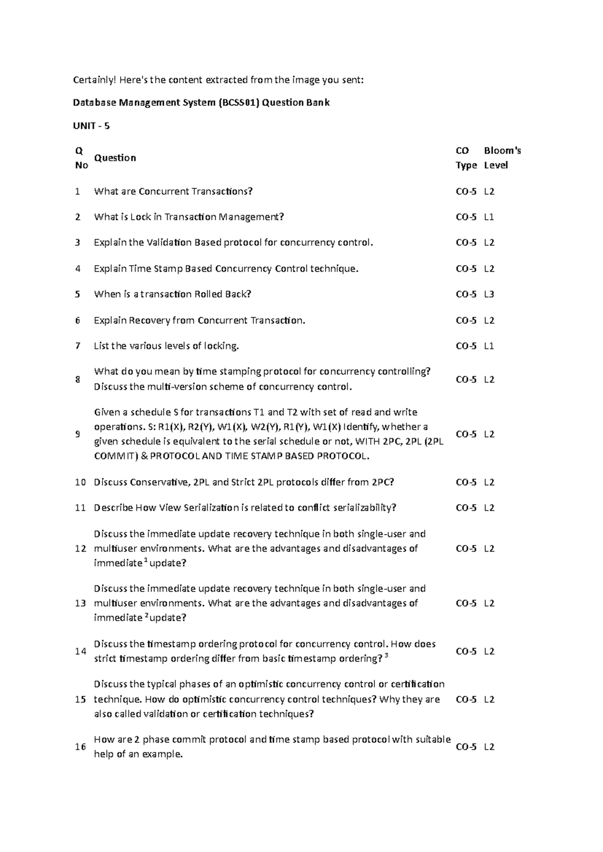 DBMS (BCSS01) Important Questions - Unit 5 Concurrency Control - Studocu