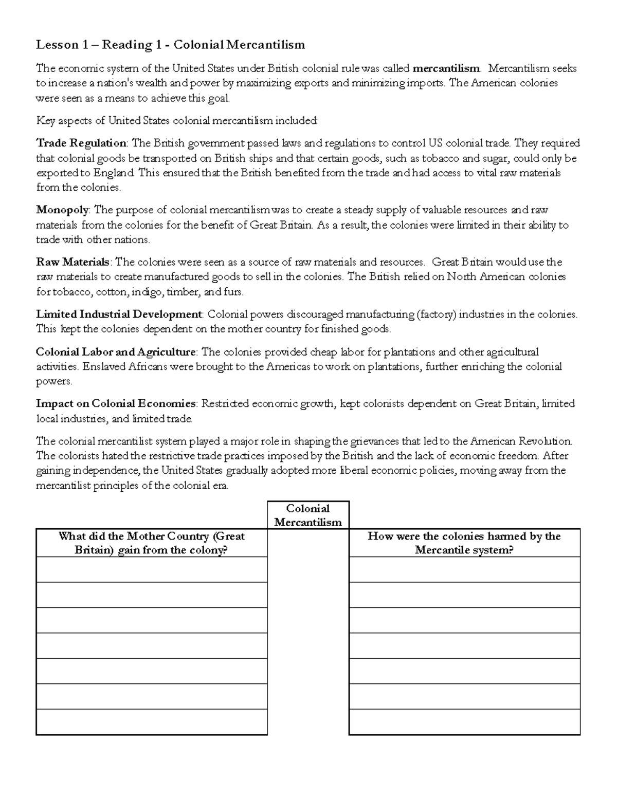 Lesson 1 Reading 1: Understanding Colonial Mercantilism and Its Impacts ...
