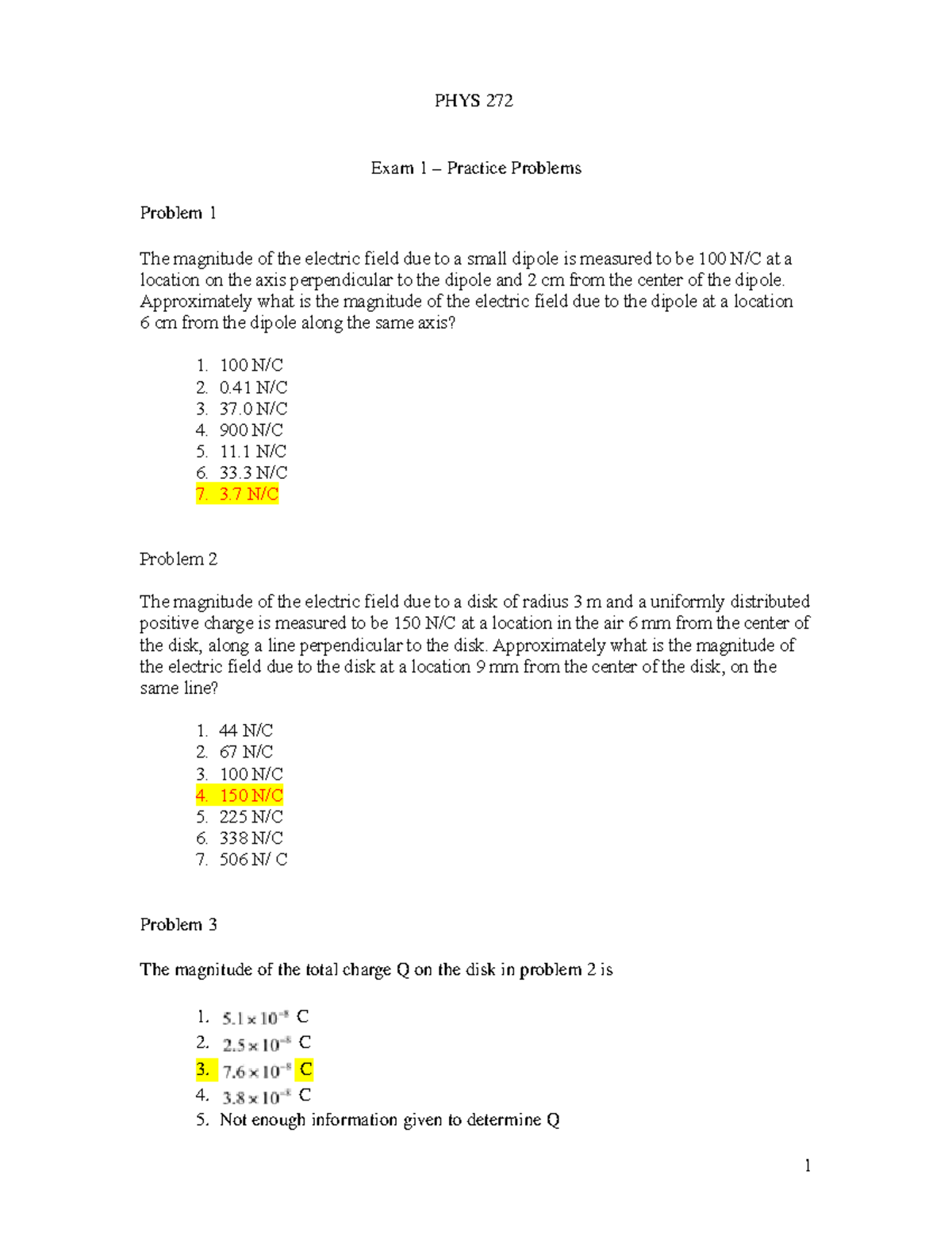 PHYS 272 Exam 1 Practice Problems and Solutions - Studocu