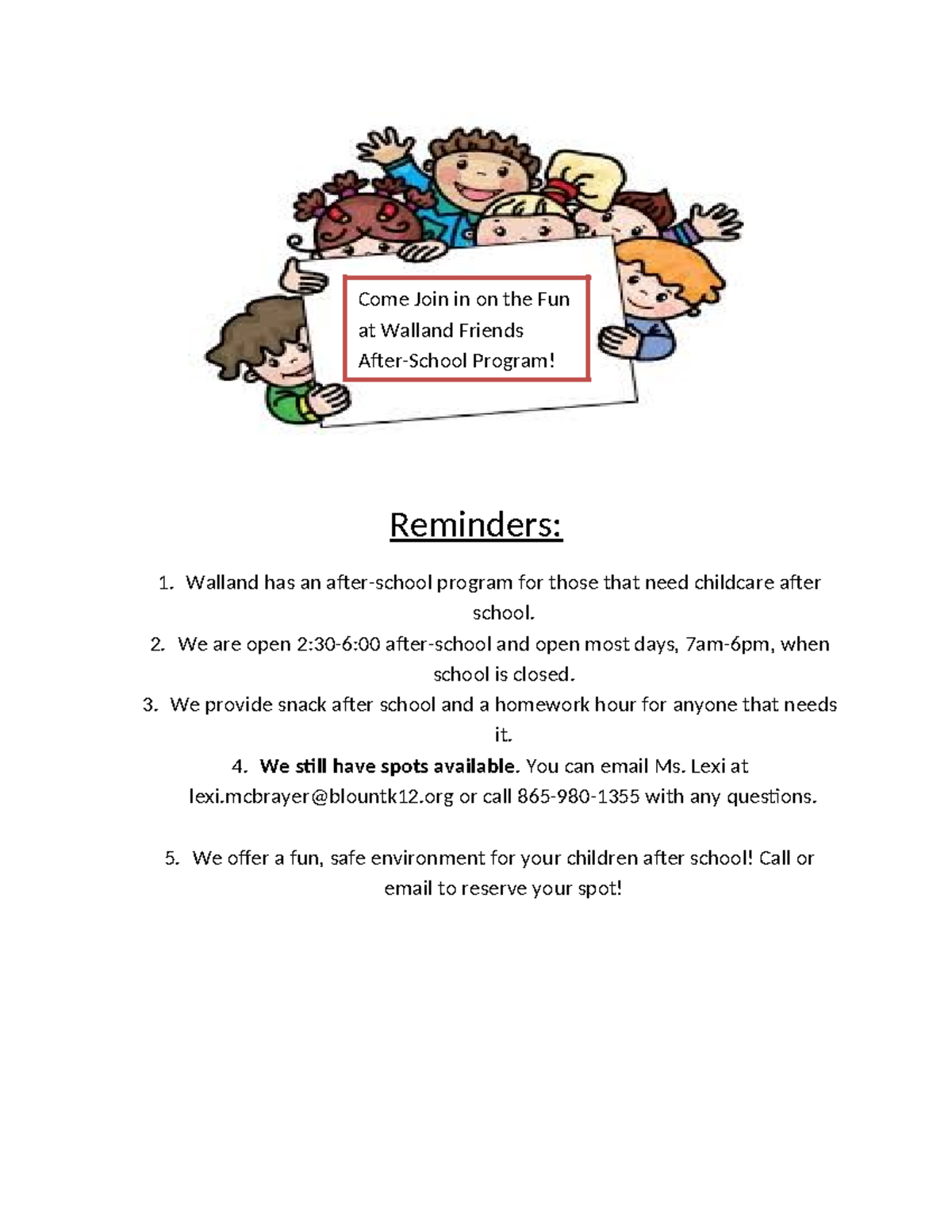flyer for the course - Reminders: Walland has an after-school program ...