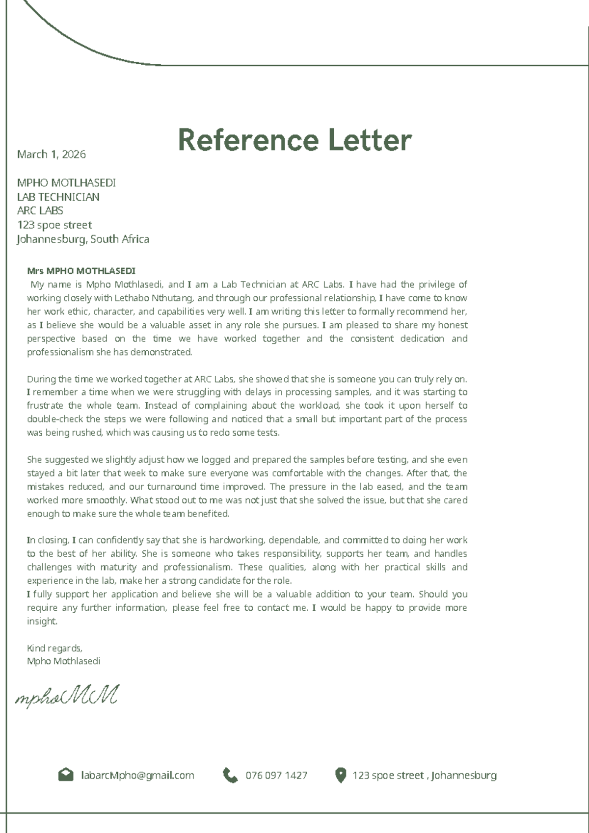 Reference Letter for Lethabo Nthutang - Lab Technician Position - Studocu