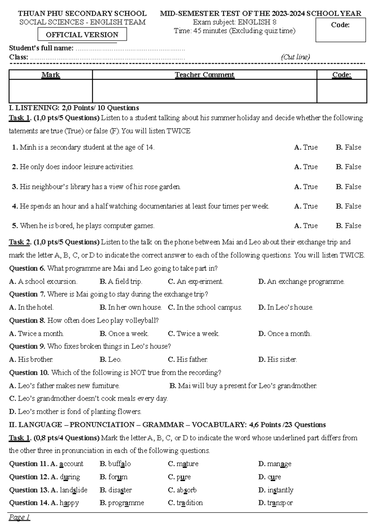 Midterm Test 1 - English 8 - Social Sciences - Official Version - Studocu