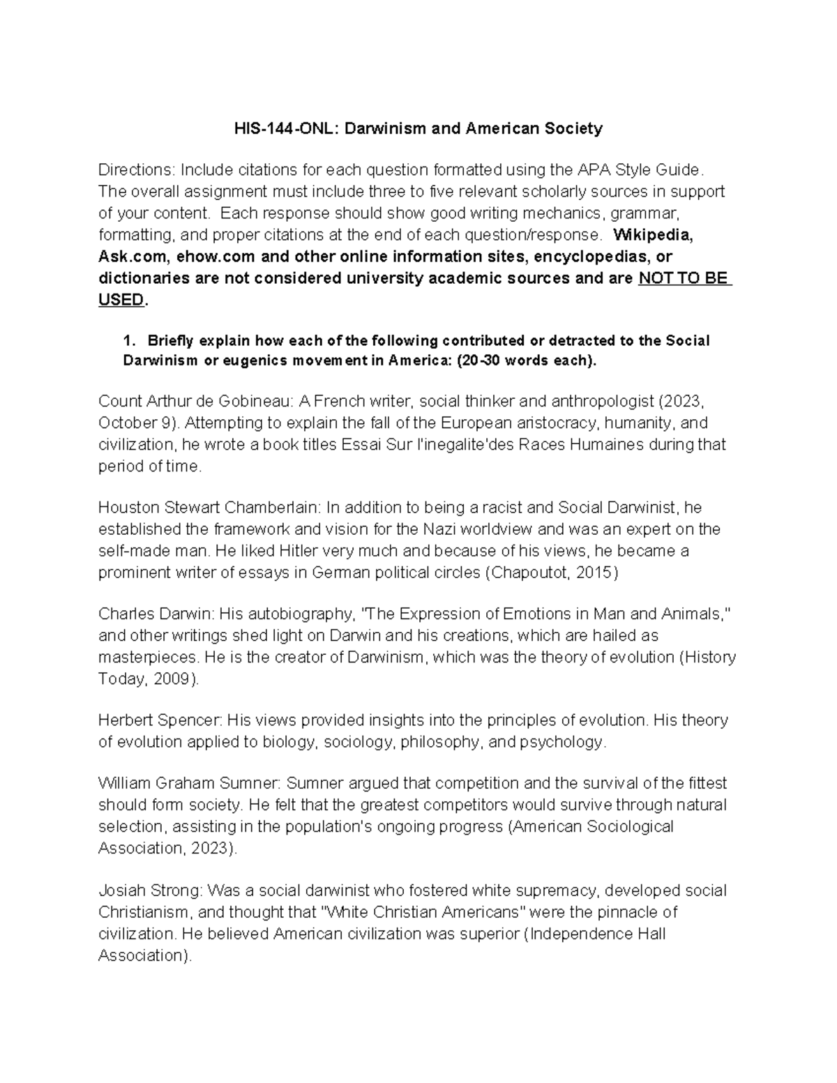 HIS-144-ONL: Darwinism's Role in Shaping American Society and Policies ...