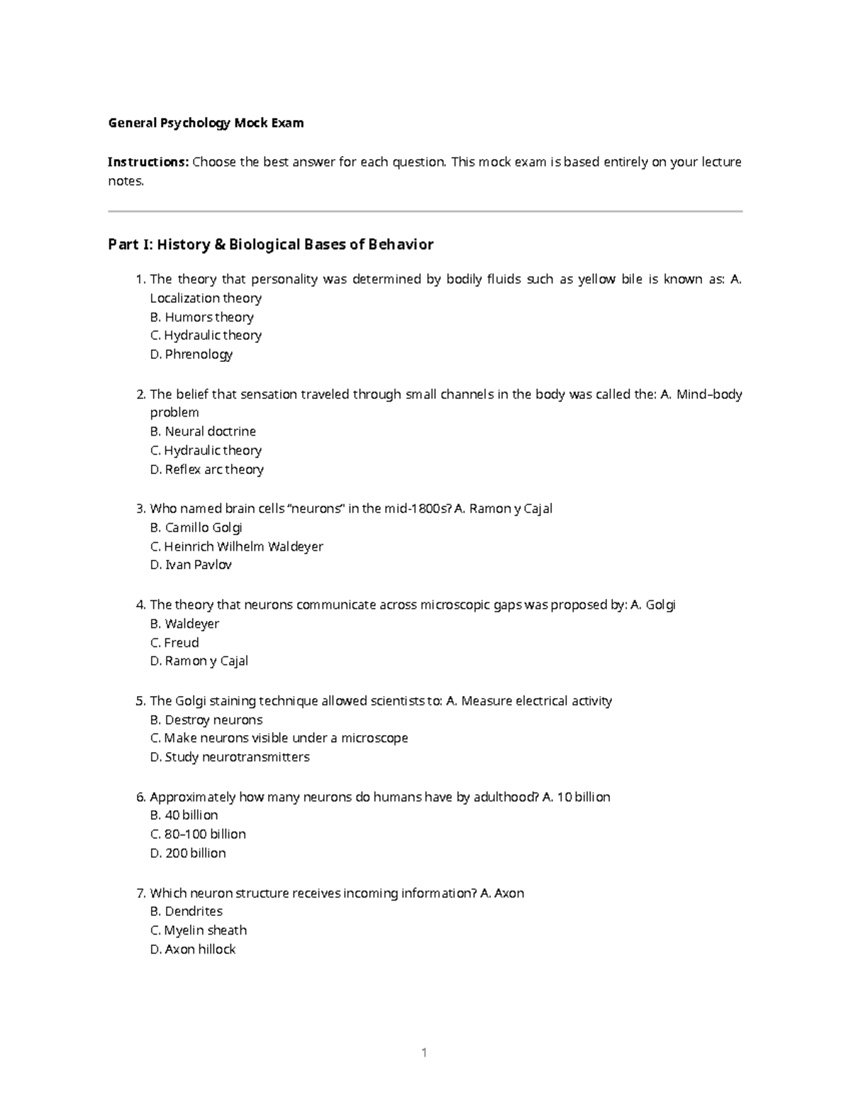 General Psychology Mock Exam (PSY101) - 100 Questions Review - Studocu