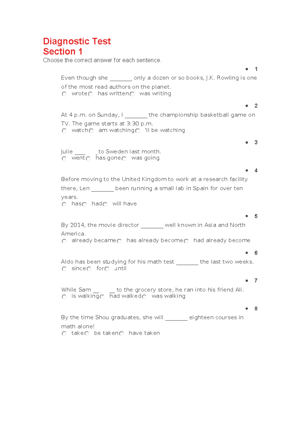 Diagnostic Test: Grammar and Comprehension Practice - Studocu