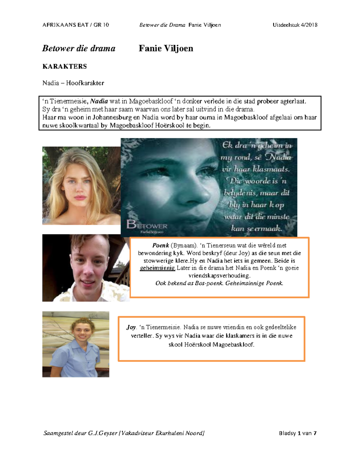 AFRIKAANS EAT GR 10 Betower die Drama Fanie Viljoen - Karakteranalise ...