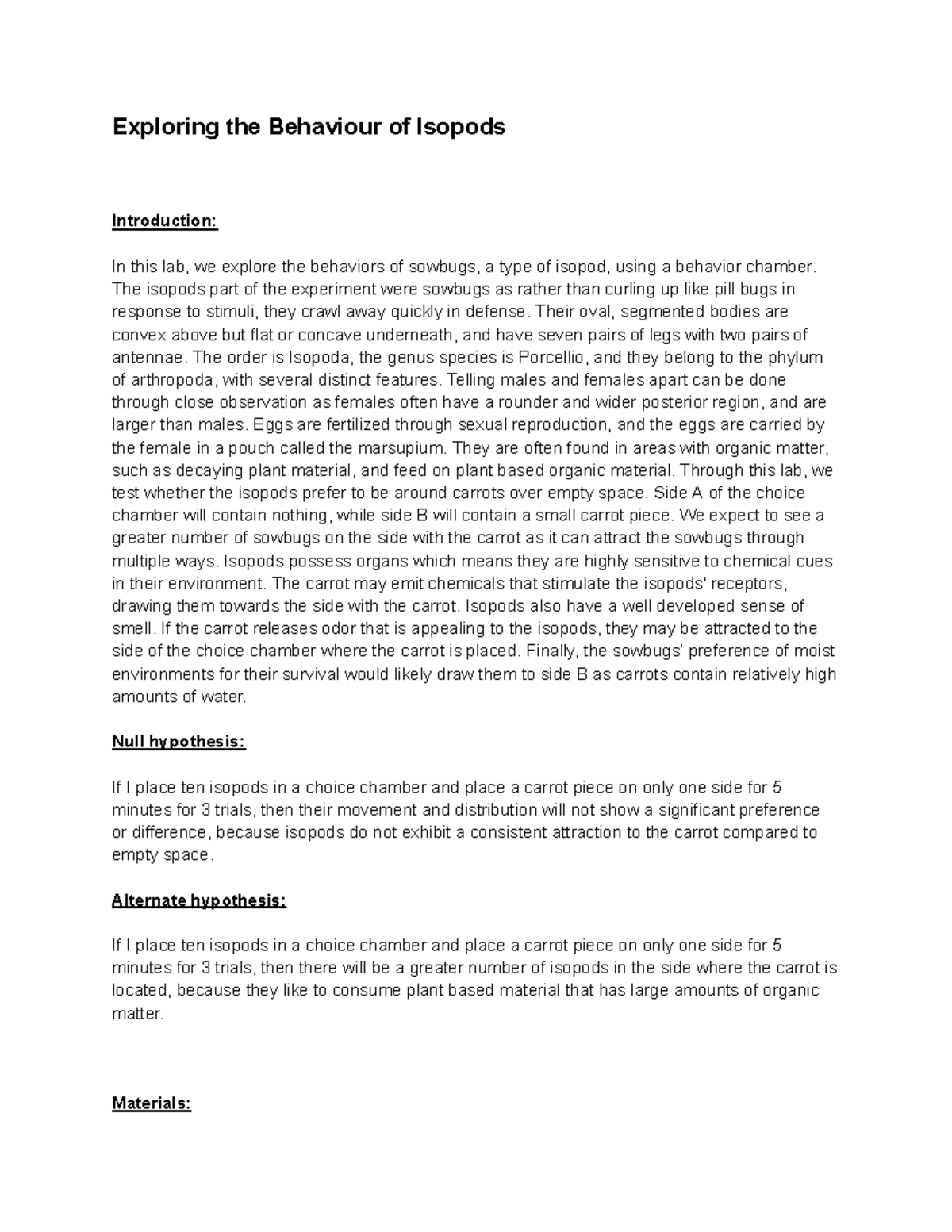 Lab Report: Behavior of Isopods in Choice Chamber Experiment - Studocu