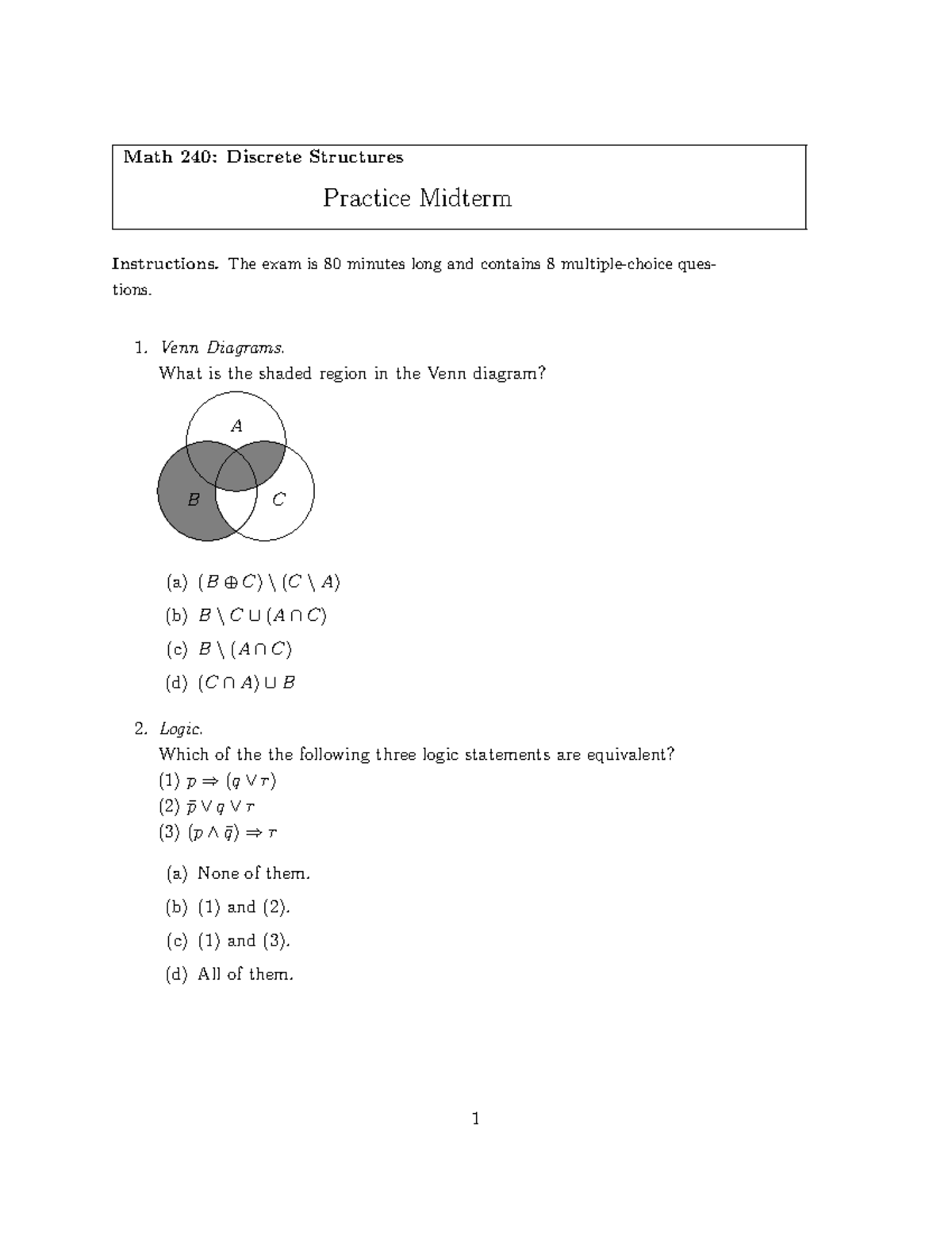 Math 240: Practice Midterm Study Guide on Discrete Structures - Studocu
