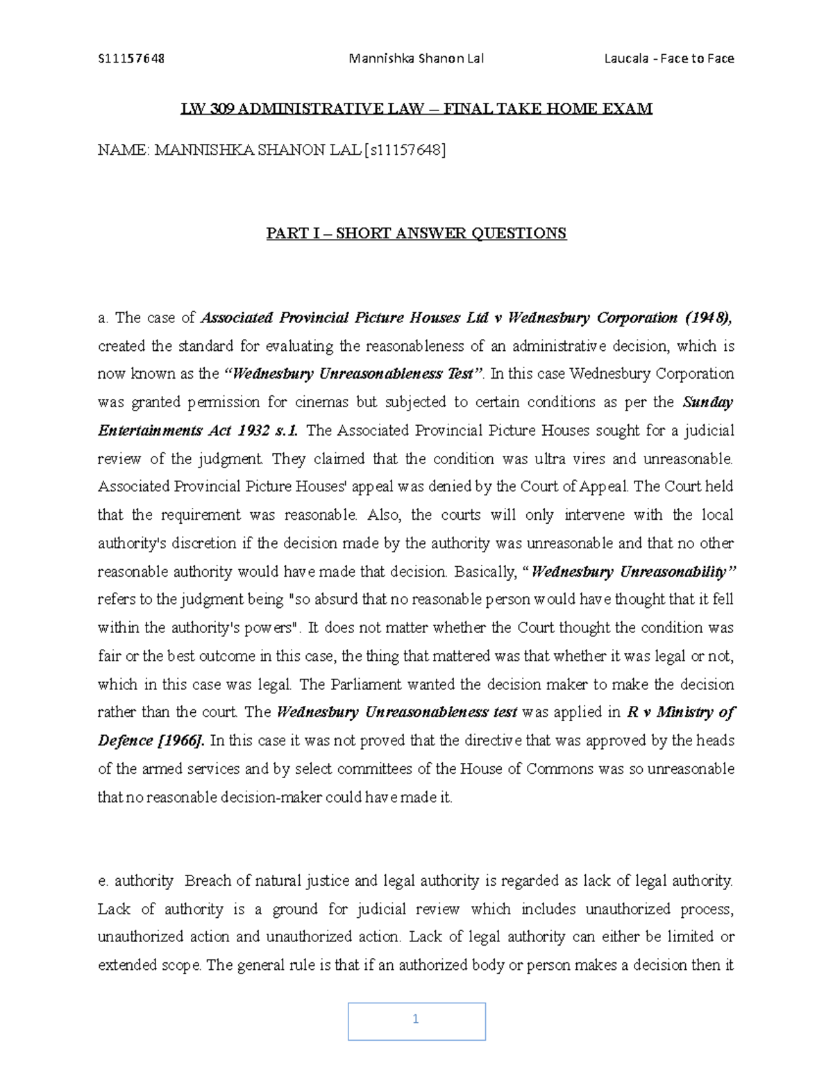 Mannishka Lal - Lw309, Administrative Law - Final Exam Solution - LW 309 ADMINISTRATIVE LAW ...