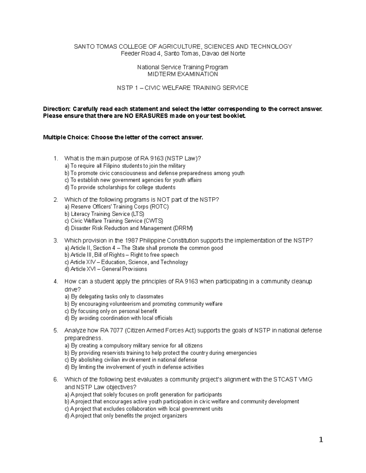 NSTP 1 Midterm Exam Review: Civic Welfare Training Service - Studocu