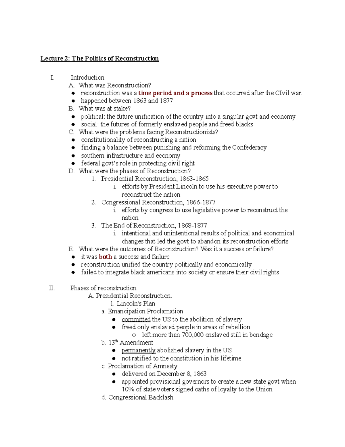 HIST106 - Lecture Notes on Reconstruction and the Wild West - Studocu