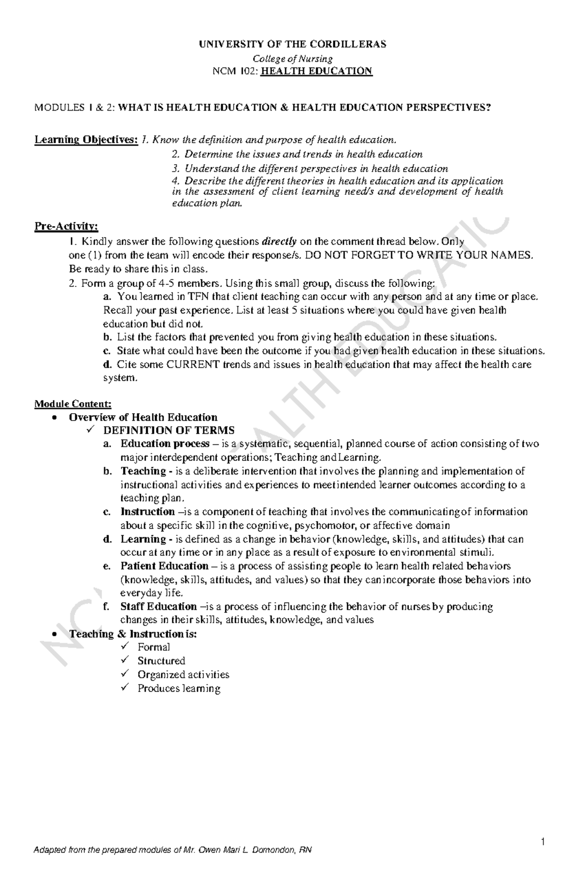 NCM102 Modules 1 and 2 - none - 1 College of Nursing NCM 102: HEALTH ...