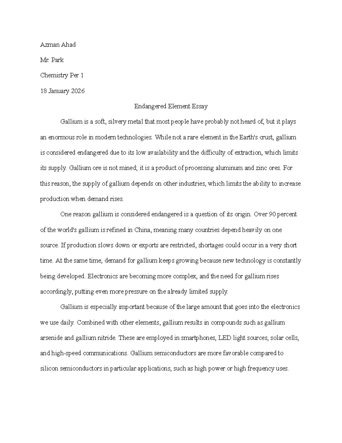 Chemistry Per 1: Endangered Element Essay on Gallium - Studocu