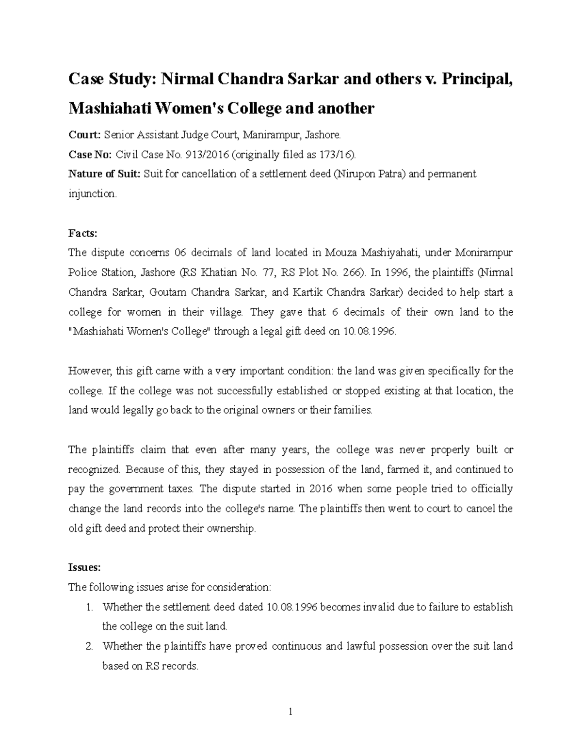 Case Study: Nirmal Chandra Sarkar v. Mashiahati College (Civil Case ...