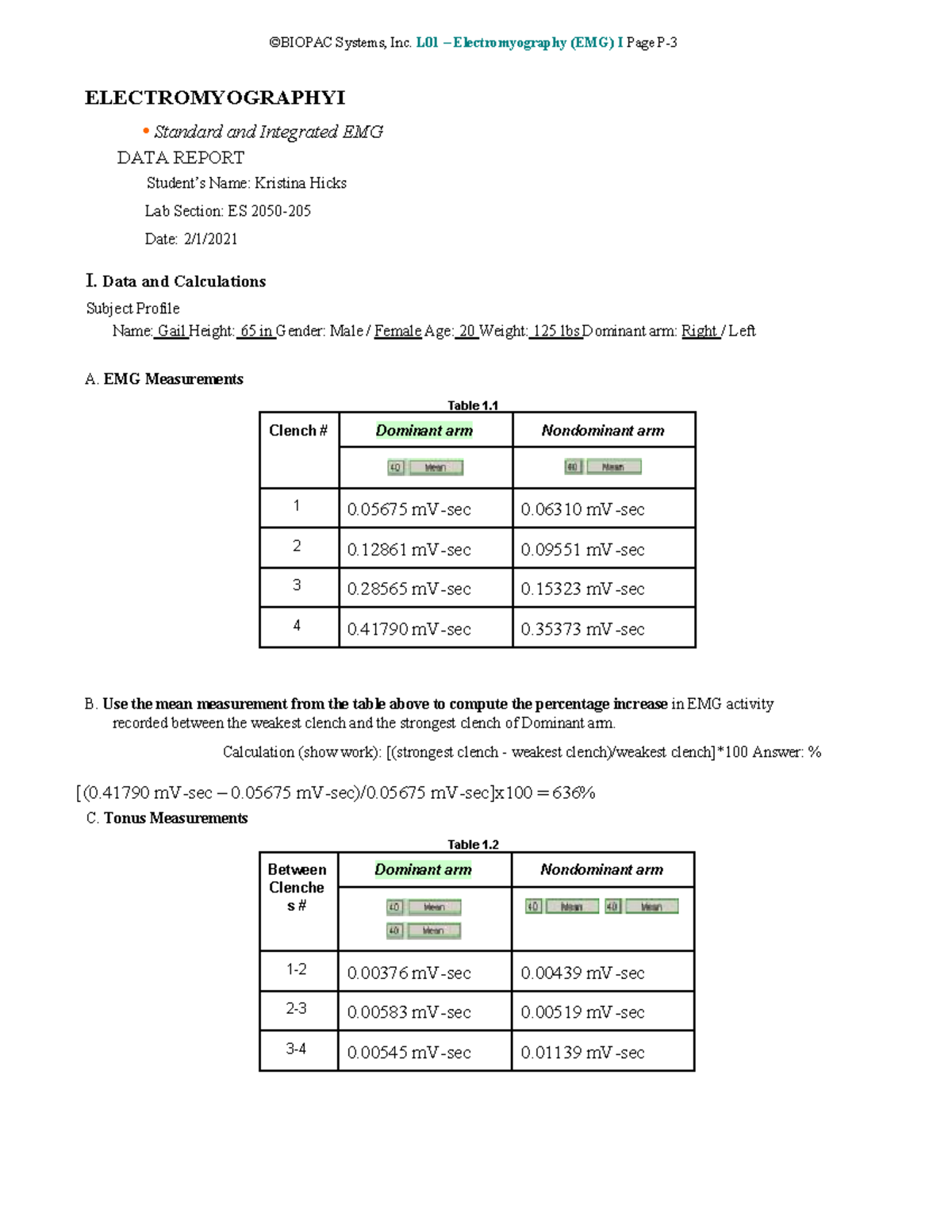 L01 Lab Report: Electromyography (EMG) Study by Kristina Hicks - Studocu