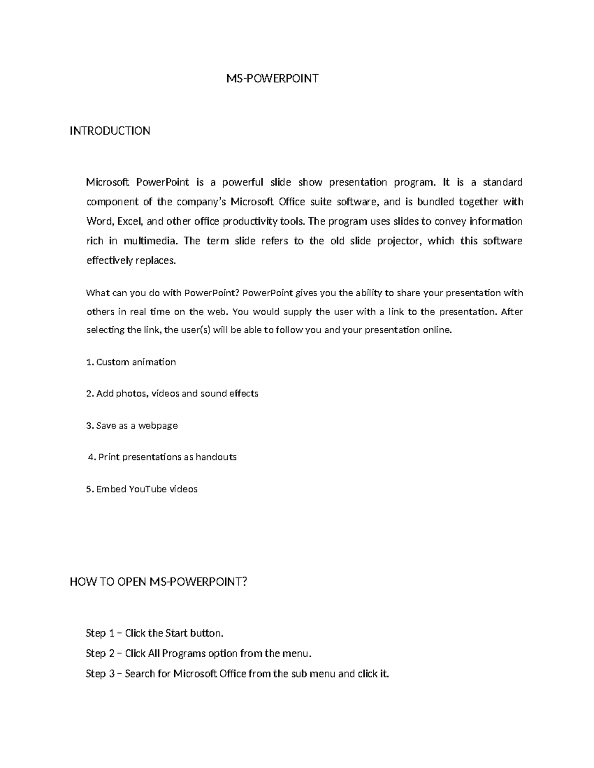 powerpoint presentation - MS-POWERPOINT INTRODUCTION Microsoft ...