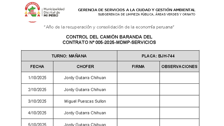 Control del Camión Baranda - GERENCIA DE SERVICIOS A LA CIUDAD - Studocu