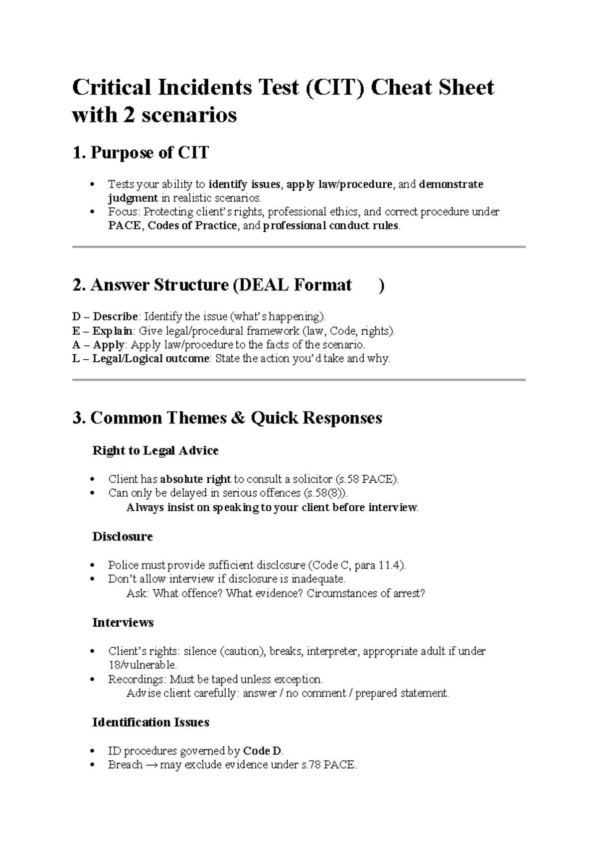 CIT Cheat Sheet: Critical Incidents Test Scenarios & Guidelines - Studocu
