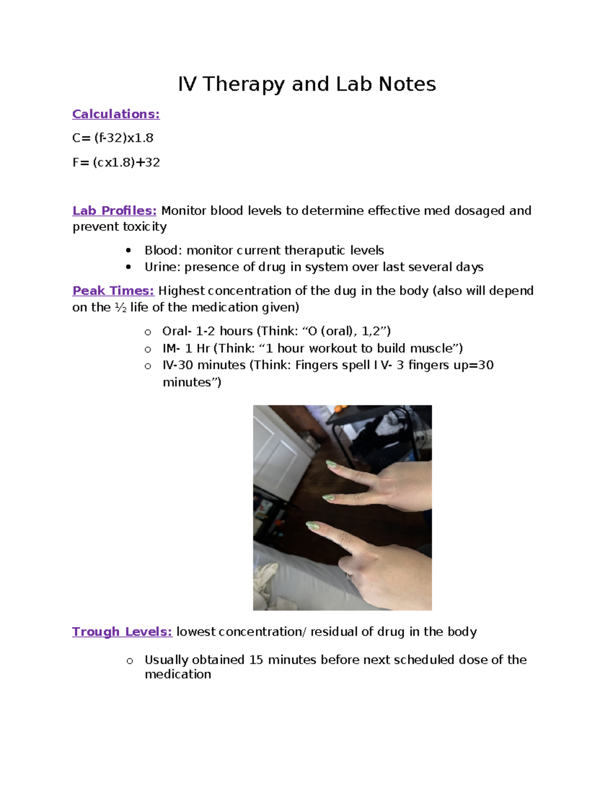 IV Therapy& Labs Notes - IV Therapy and Lab Notes Calculations: C= (f ...
