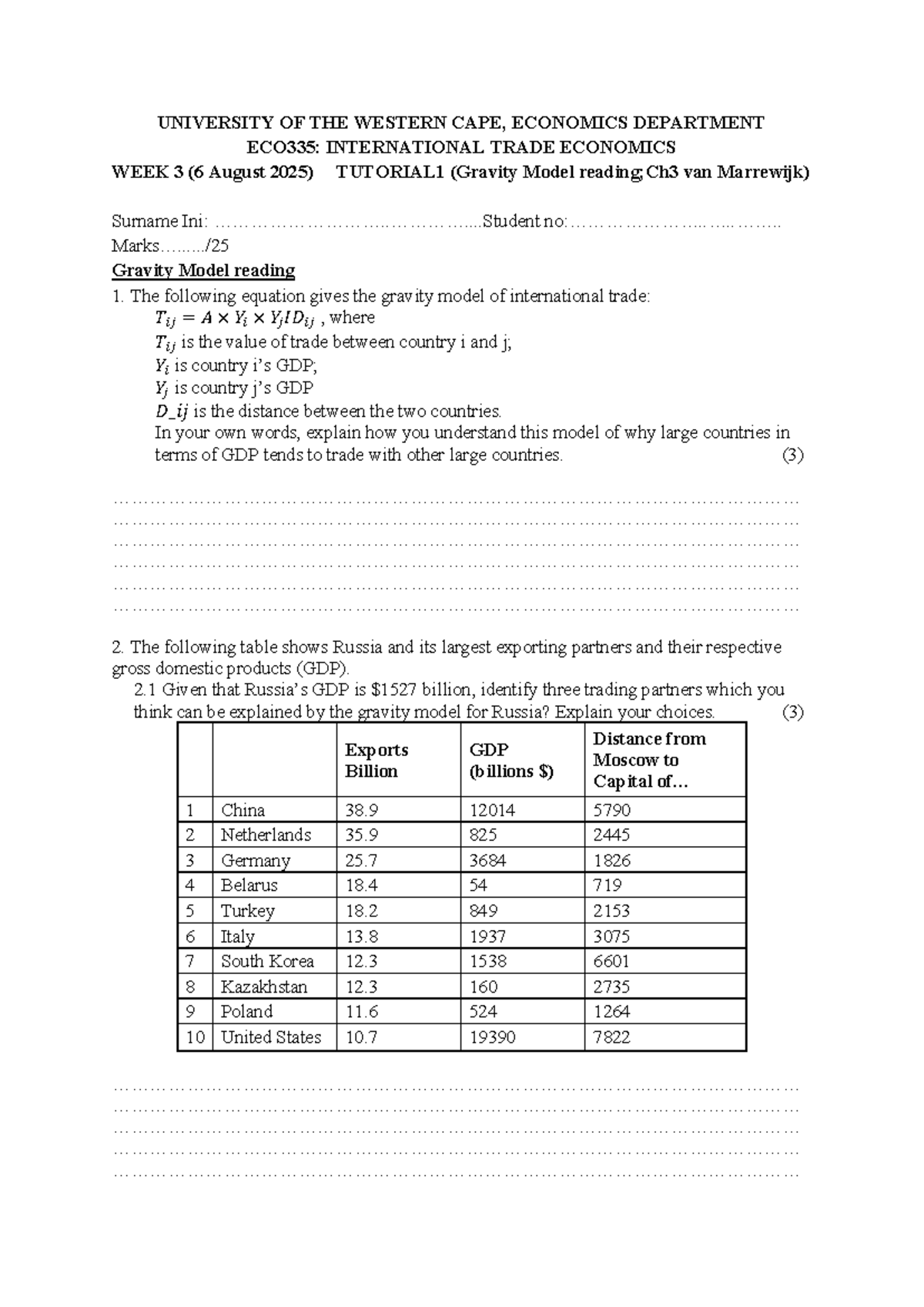 ECO335: International Trade Economics Tutorial 1 - Gravity Model ...