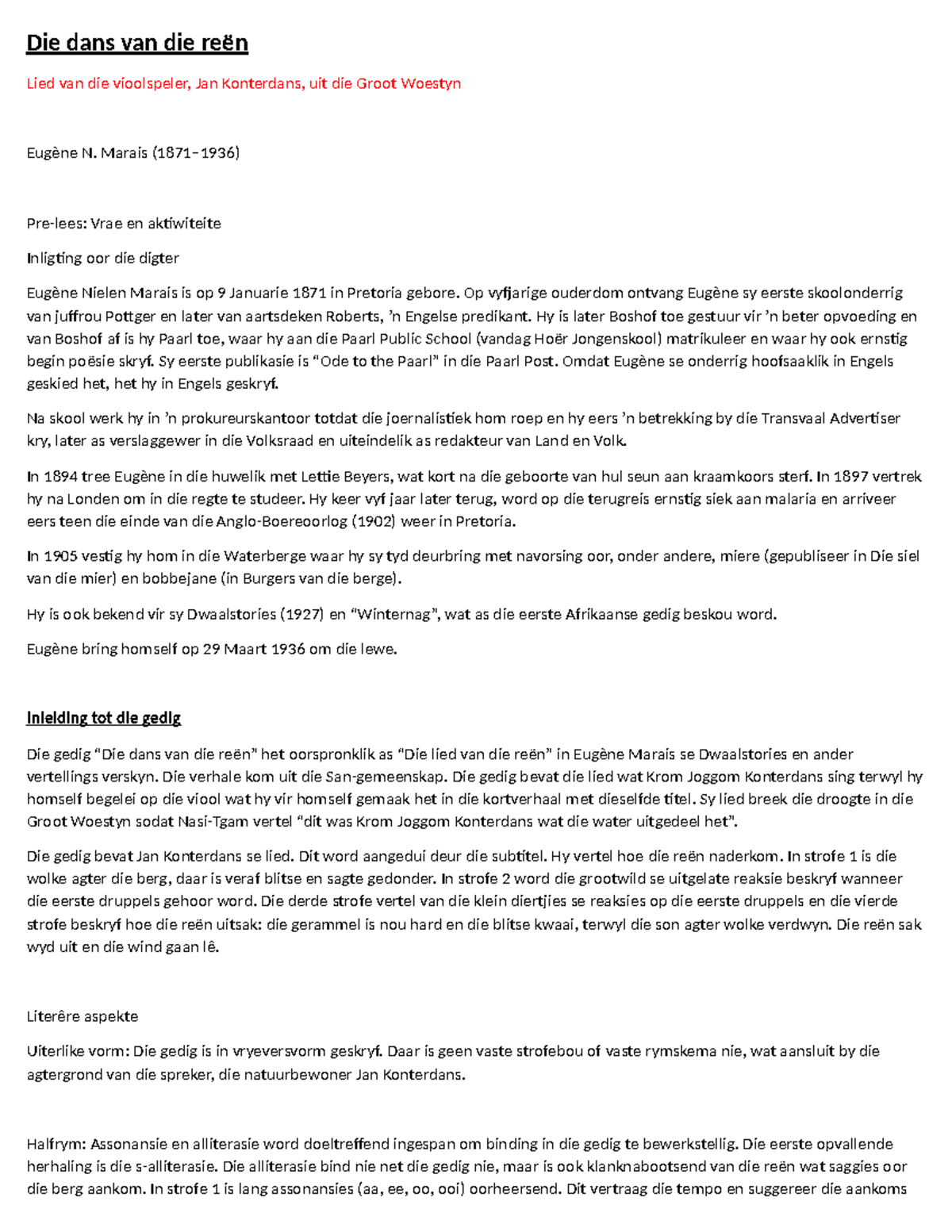 Die dans van die reën - Vrae en notas oor Eugène N. Marais se gedig ...